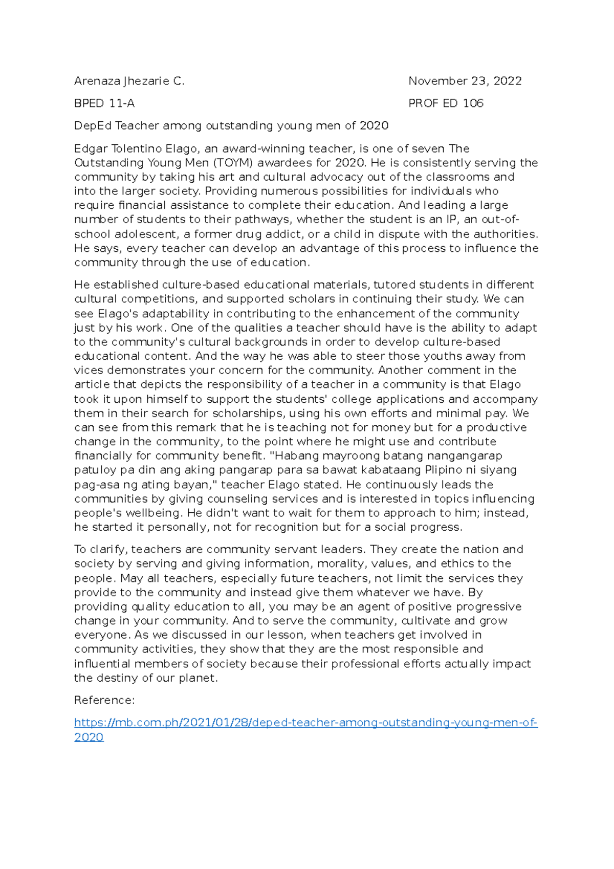 BPED 11-A PROF ED 106 Assessment 6 Arenaza - Arenaza Jhezarie C ...