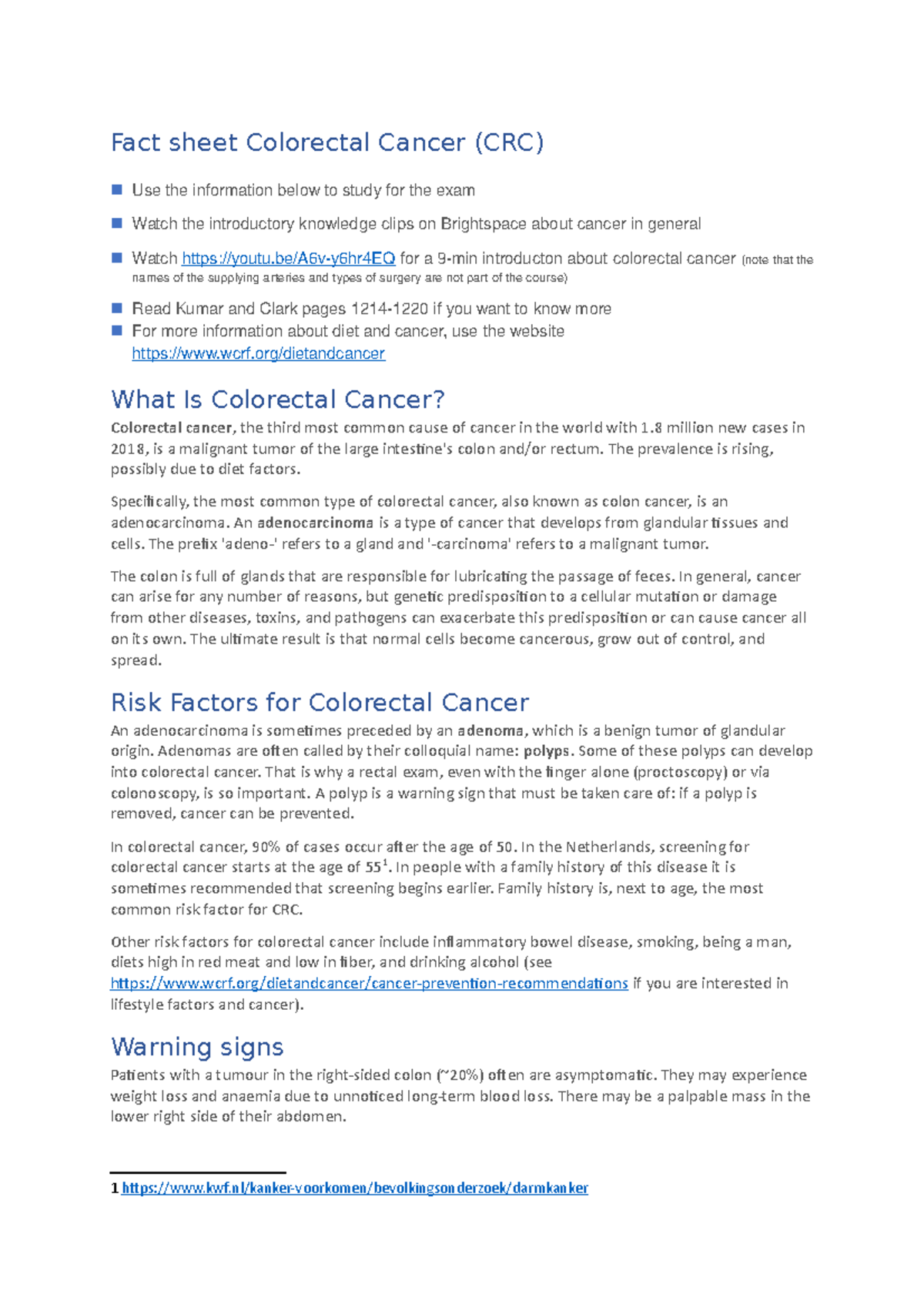 Fact sheet colorectal cancer 1 - Fact sheet Colorectal Cancer (CRC) n ...