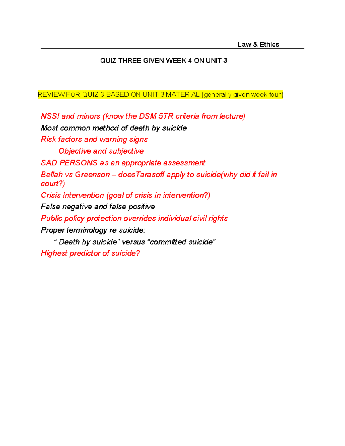 Quiz 3 Study Guide Law and Ethics - Law & Ethics QUIZ THREE GIVEN WEEK ...