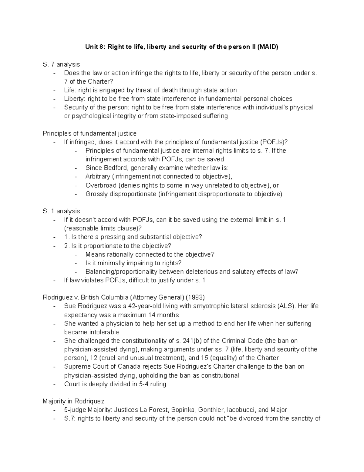 Week 8 - week 8 lecture notes - Unit 8: Right to life, liberty and ...
