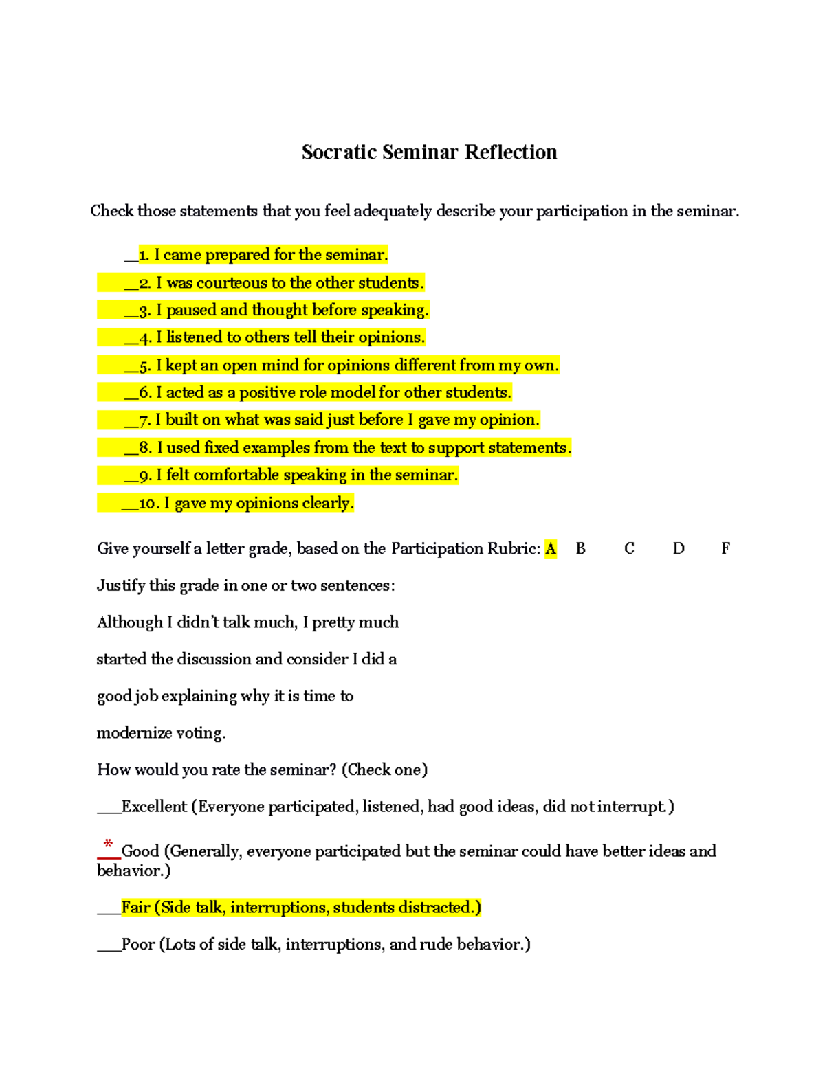 Socratic seminar self reflection - Socratic Seminar Reflection Check ...