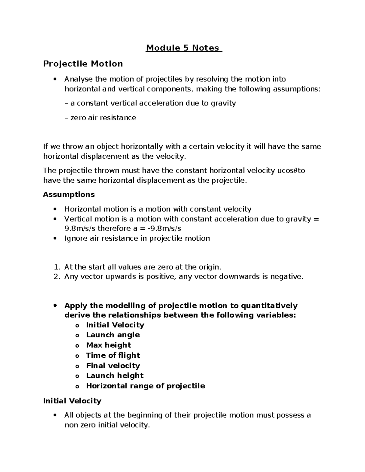 Module 5 Notes - Module 5 Notes Projectile Motion Analyse the motion of ...