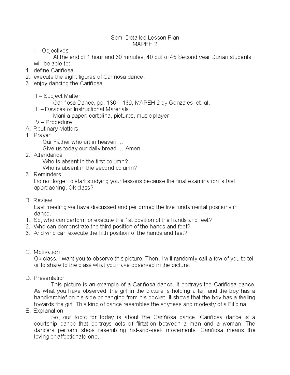 Semidetailed LP - lesson plan-Mapeh Grade 10 - Semi-Detailed Lesson ...