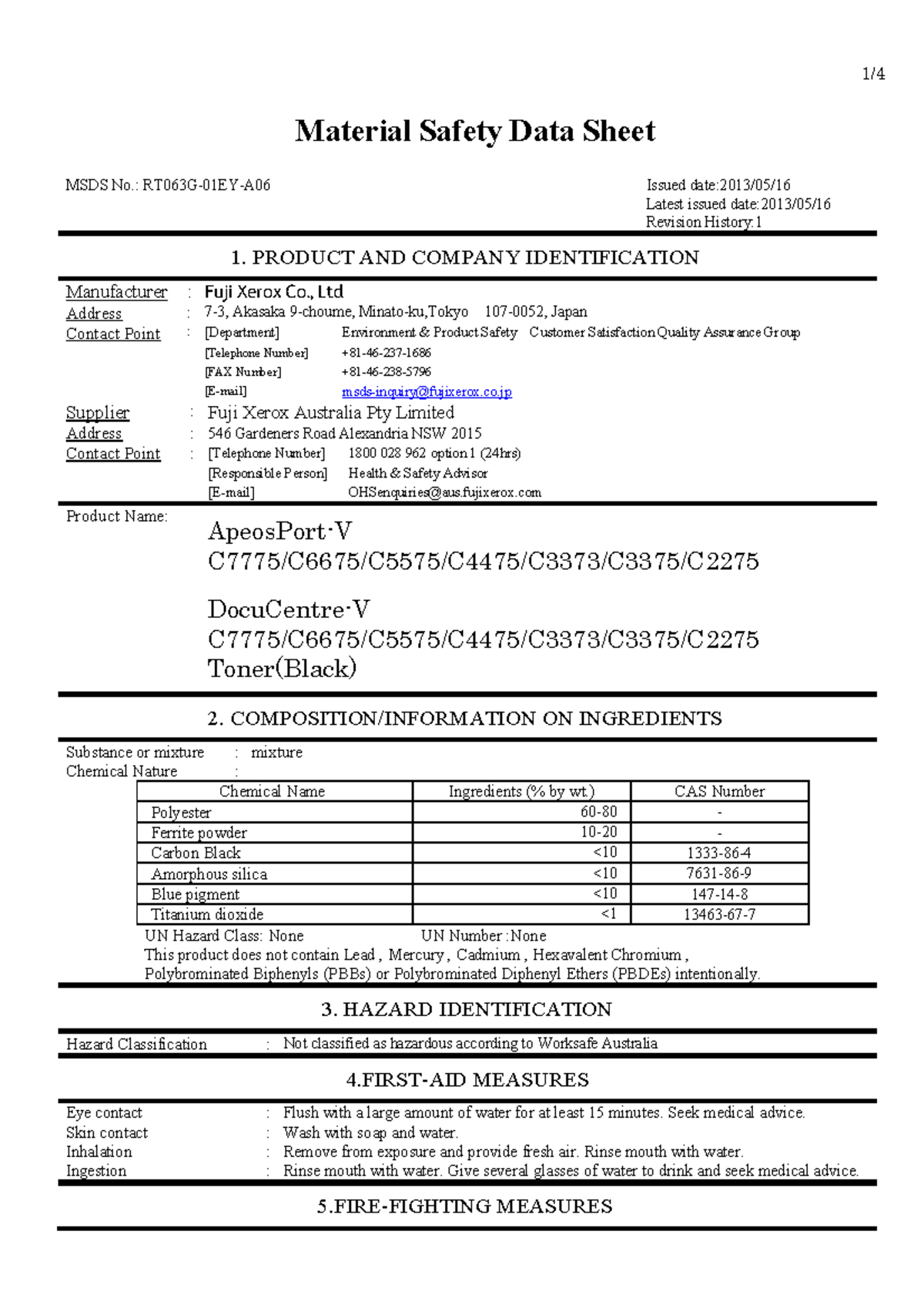 MSDS C5575 Black - fuji xerox - Material Safety Data Sheet MSDS No.: RT063G-01EY-A06 Issued ...