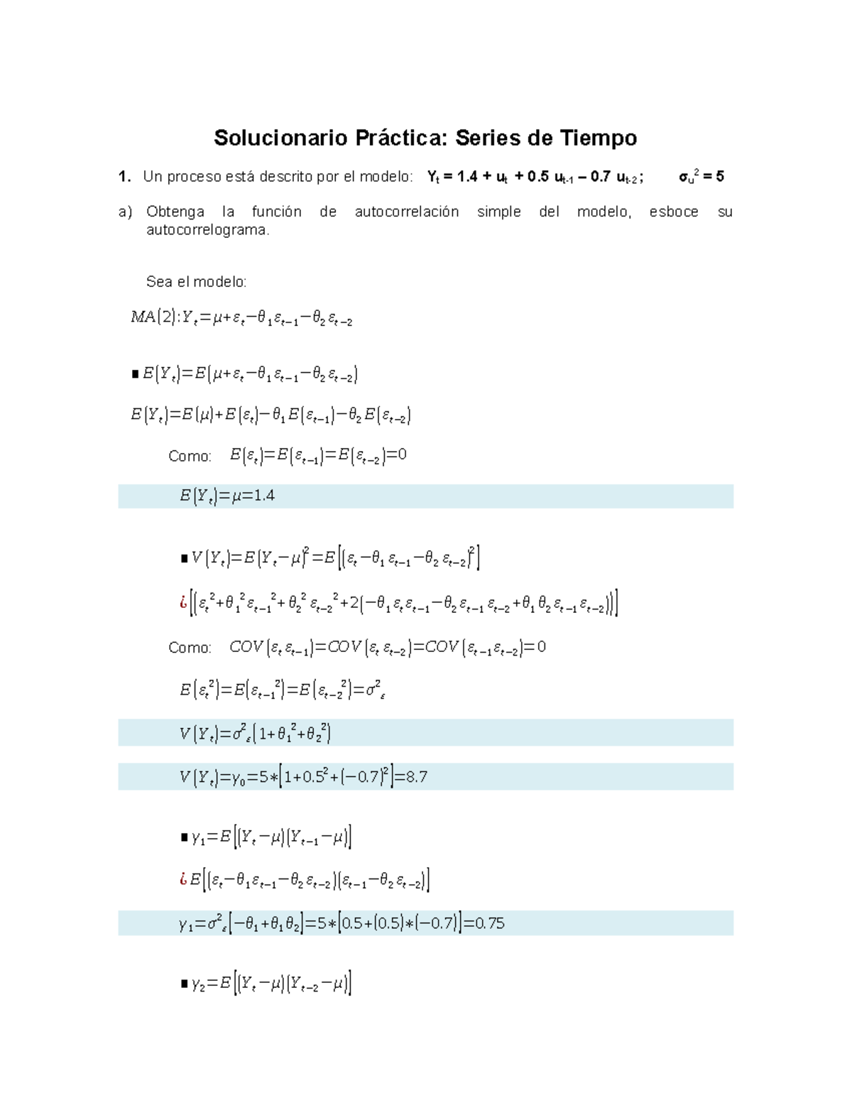 Solucionario Práctica Series de Tiempo - Un proceso está descrito por ...