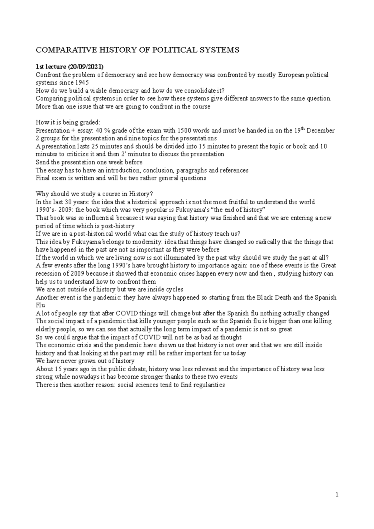 Notes - COMPARATIVE HISTORY OF POLITICAL SYSTEMS 1st lecture (20/09 ...