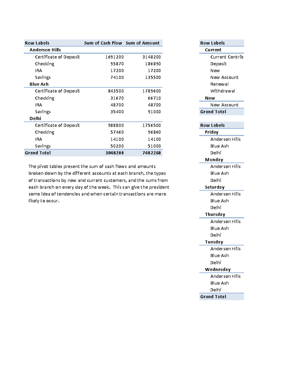 Class Activity 2 - Scott Wyman - Row Labels Sum of Cash Flow Sum of ...