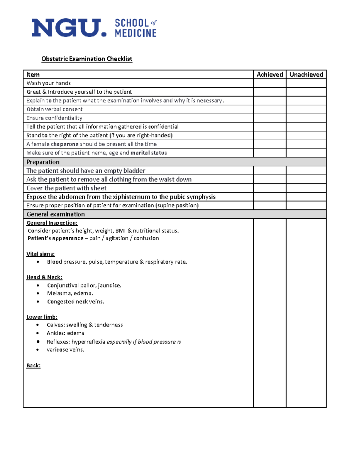 WH [240] Obstetric Examination Skill Lab Checklist - paediatrics - NGU ...