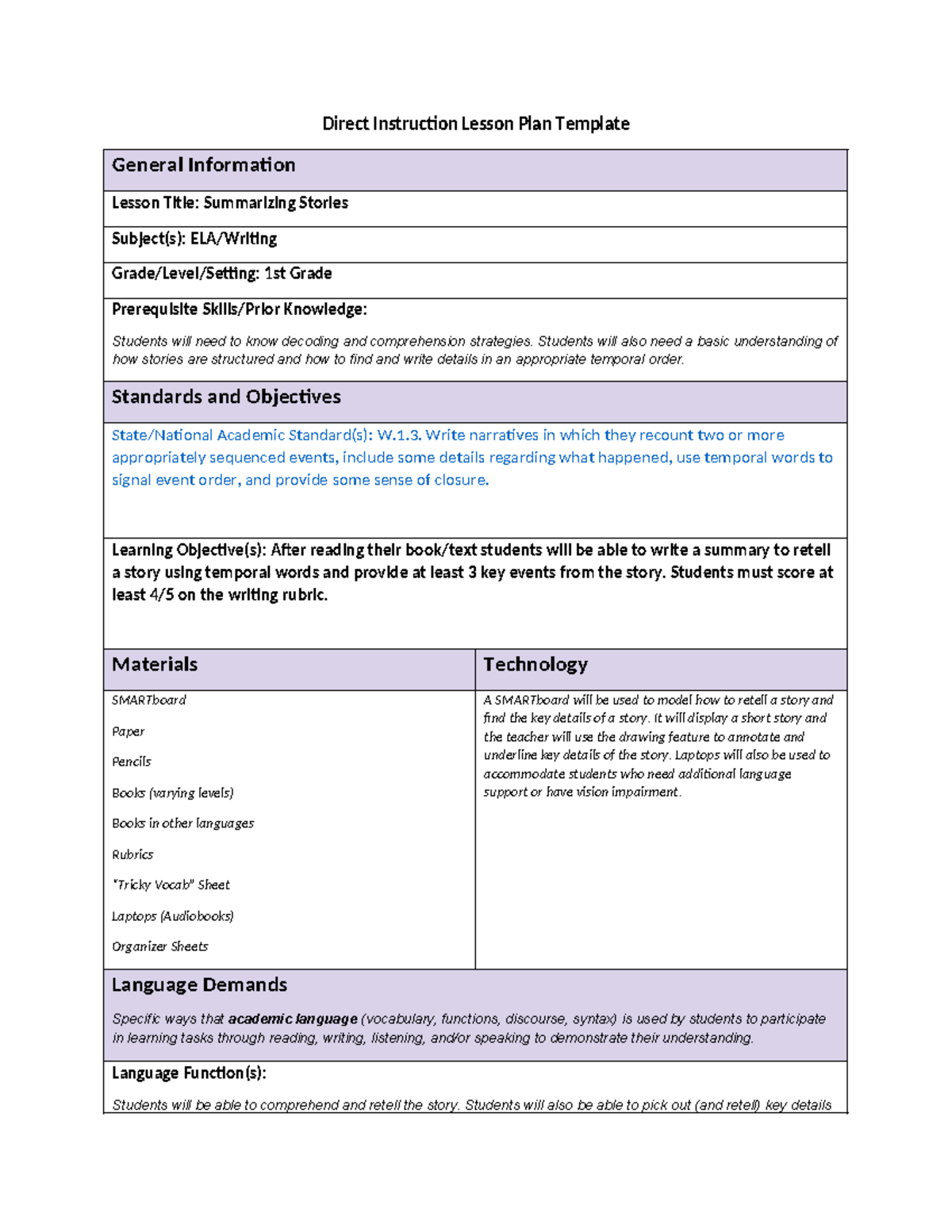 ELA Lesson Plan - Direct Instruction Lesson Plan Template General ...