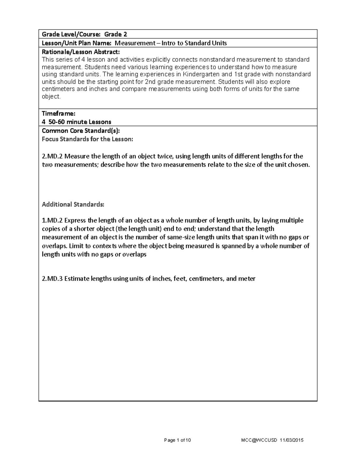 Measurement Intro Standard Units V 3 - Grade Level/Course: Grade 2 ...