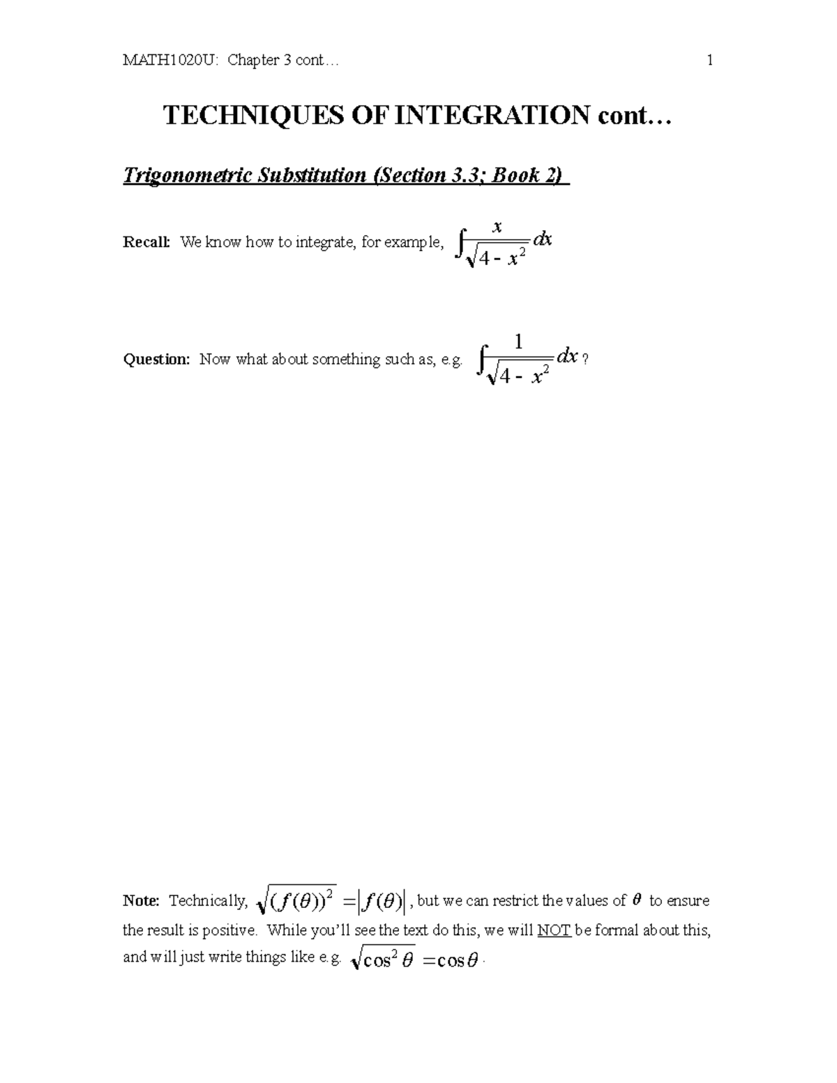 Mod2a trigsub - Lecture notes 4 - TECHNIQUES OF INTEGRATION cont ...