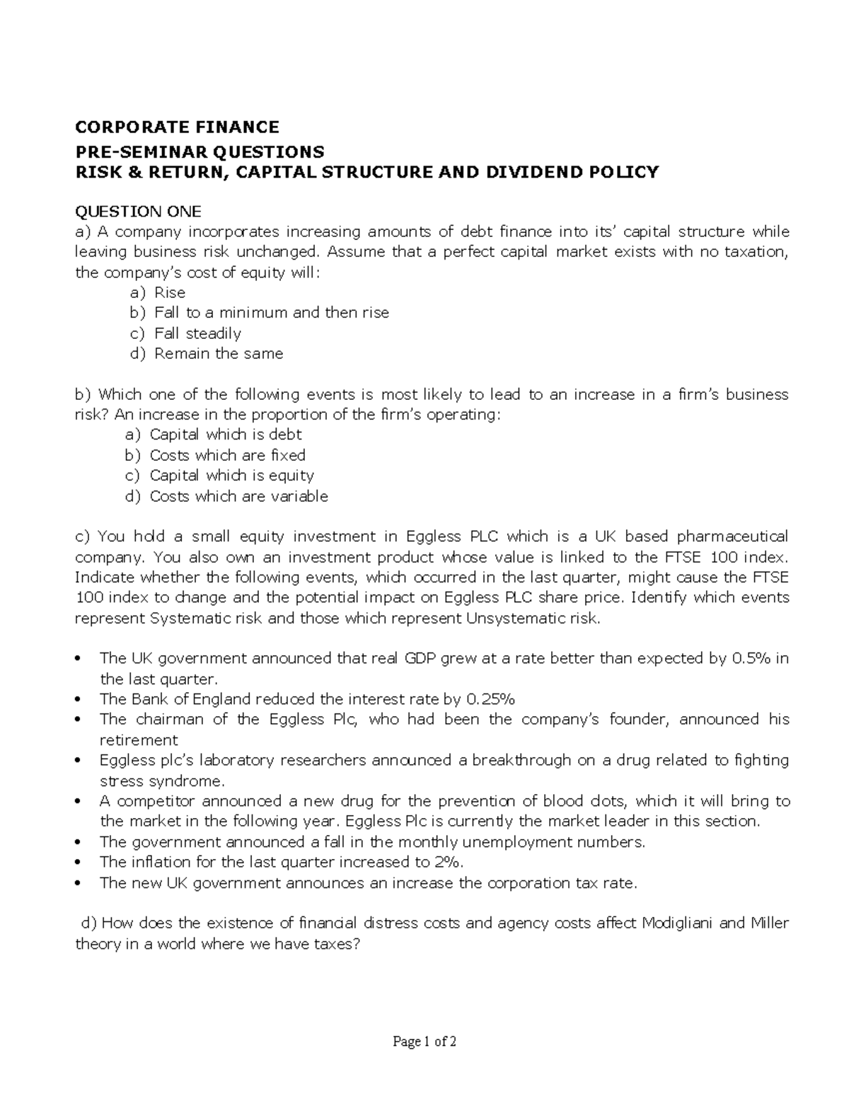 Risk & Return, Capital Structure & Dividend Policy Pre-seminar ...