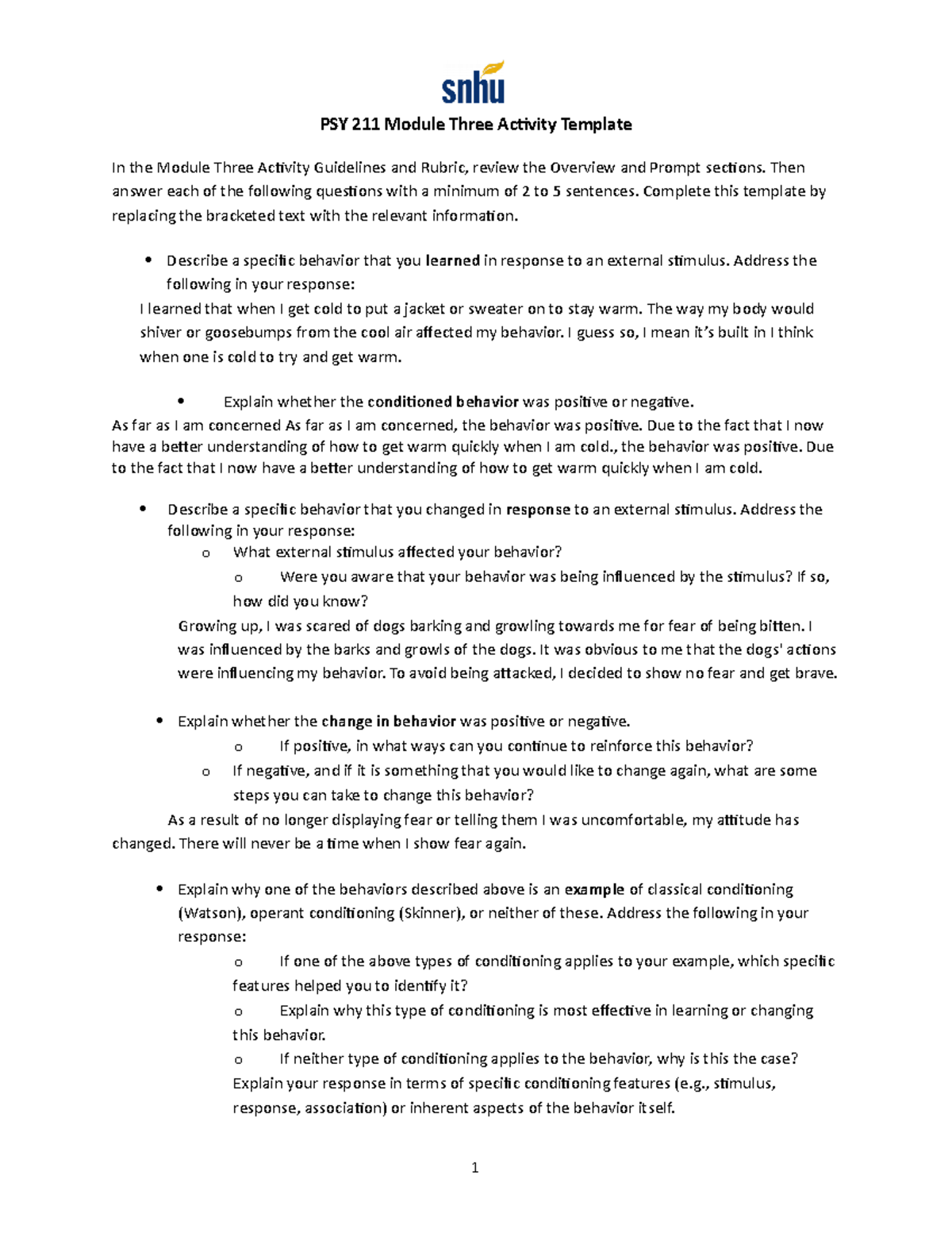 PSY 211 Module Three Activity Template - Then answer each of the ...