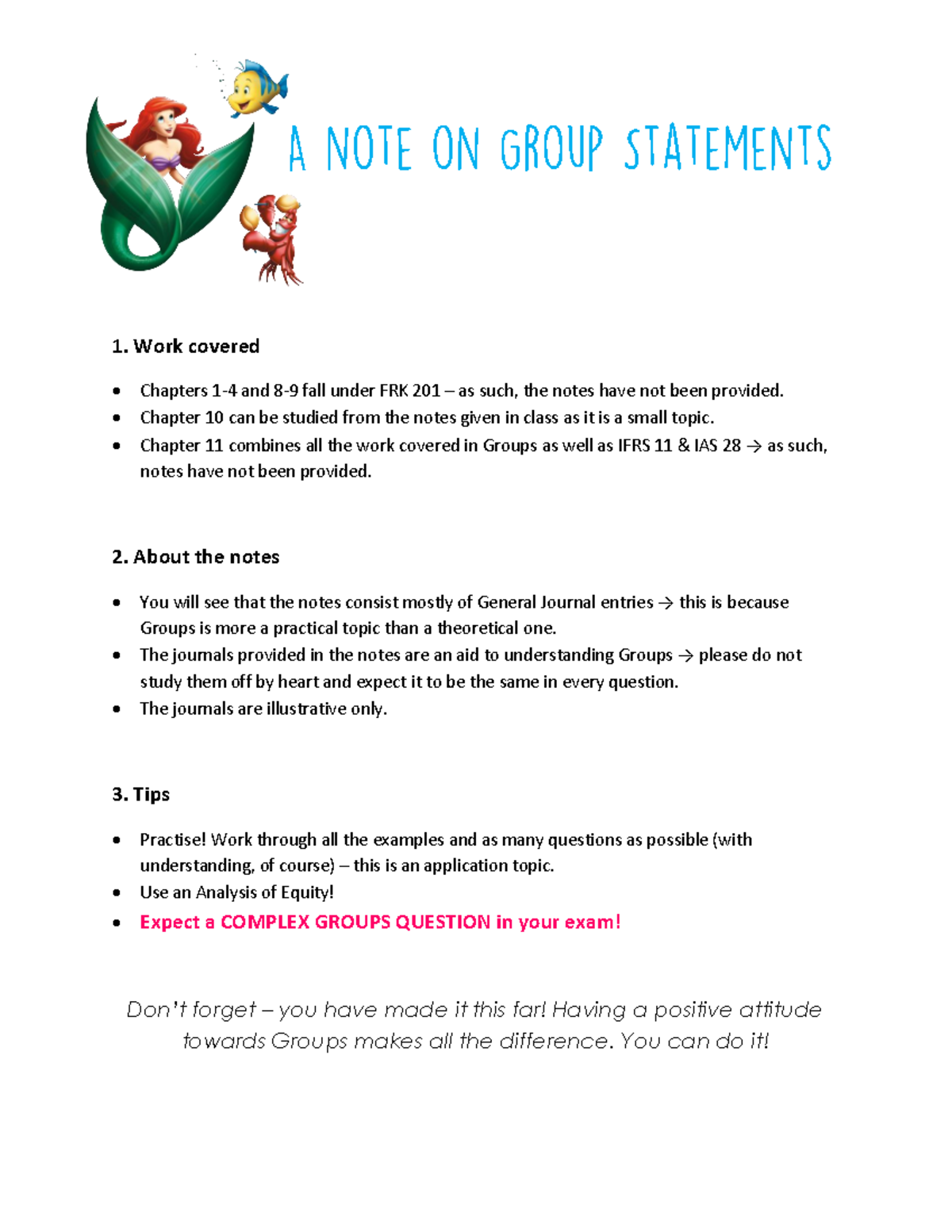A Note on Group Statements - Please READ - 1. Work covered Chapters and ...