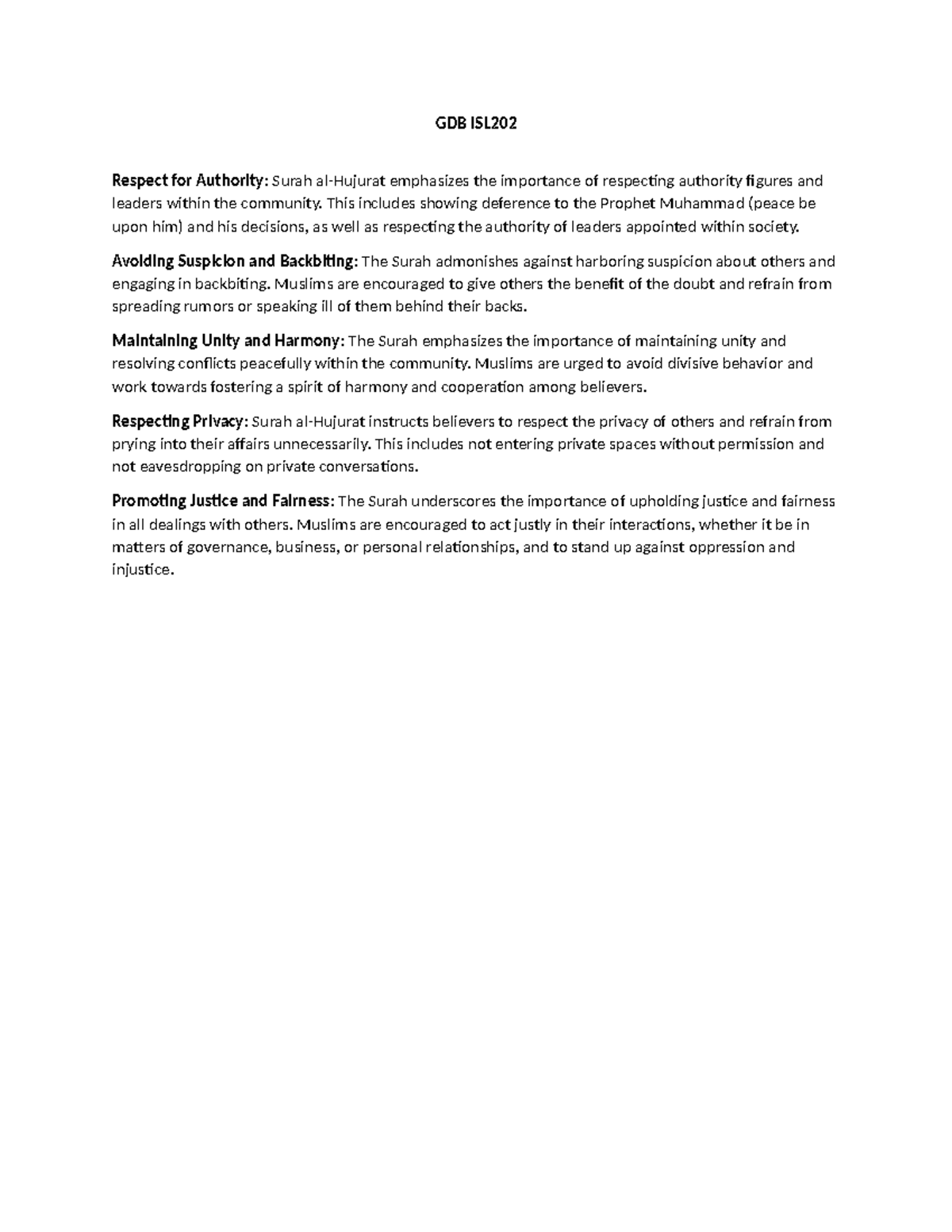 GDB ISL202 - GDB ISL Respect for Authority: Surah al-Hujurat emphasizes ...