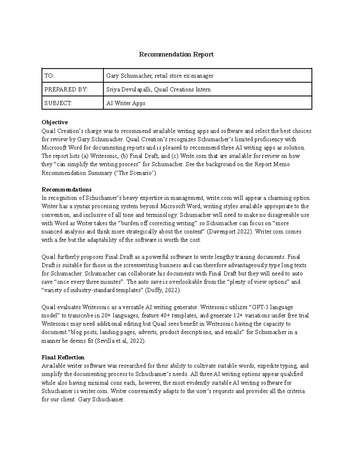 Report Memo Recommendation Recommendation Report To Gary Schumacher Retail Store Ex Manager