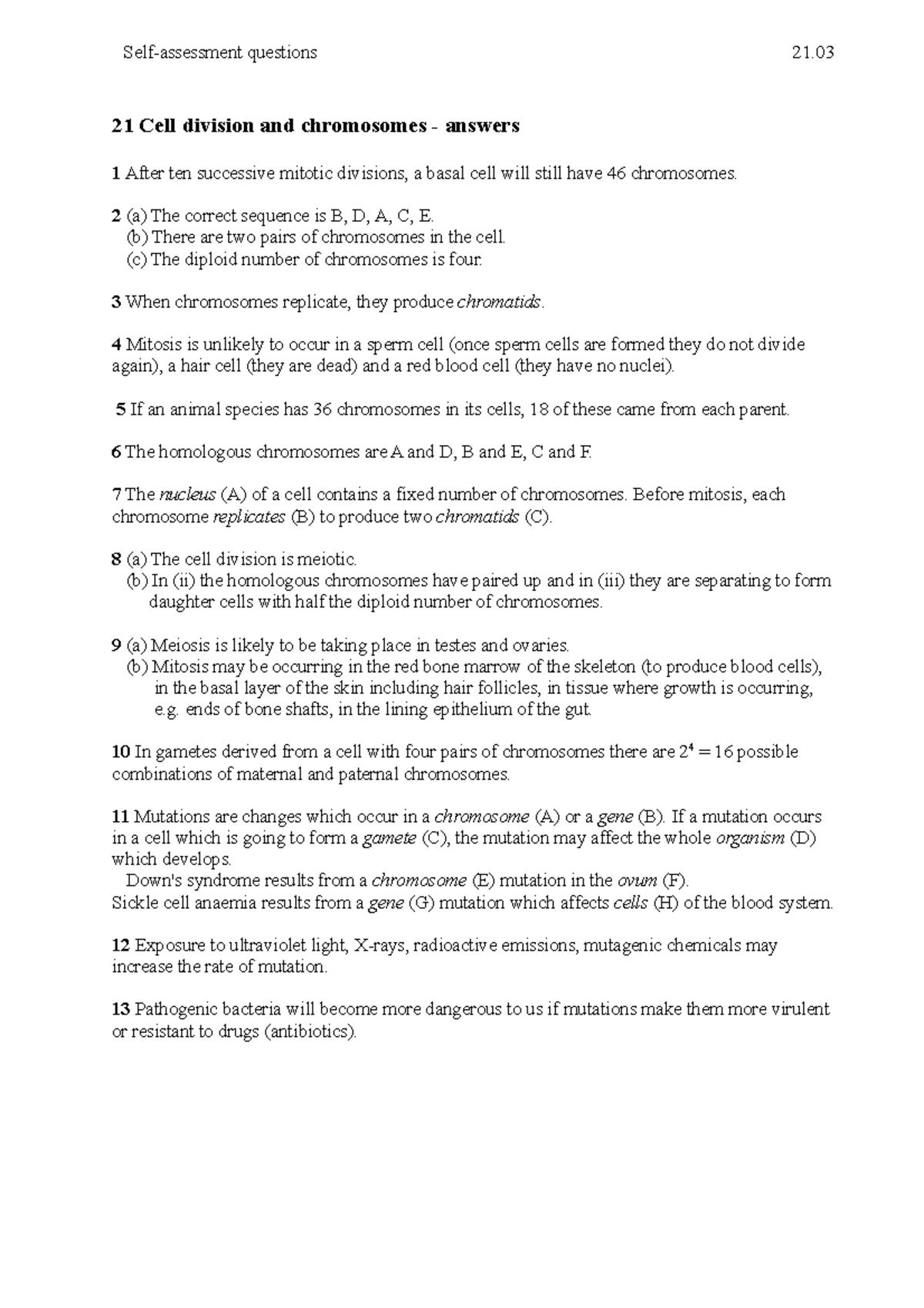 Cell-division-answers - 21 Cell division and chromosomes - answers 1 ...
