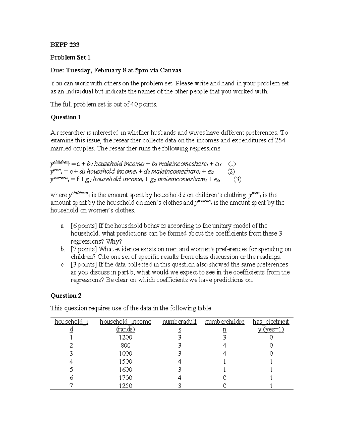 Problem set 1 2022 - BEPP 233 Problem Set 1 Due: Tuesday, February 8 at 5pm via Canvas You can ...