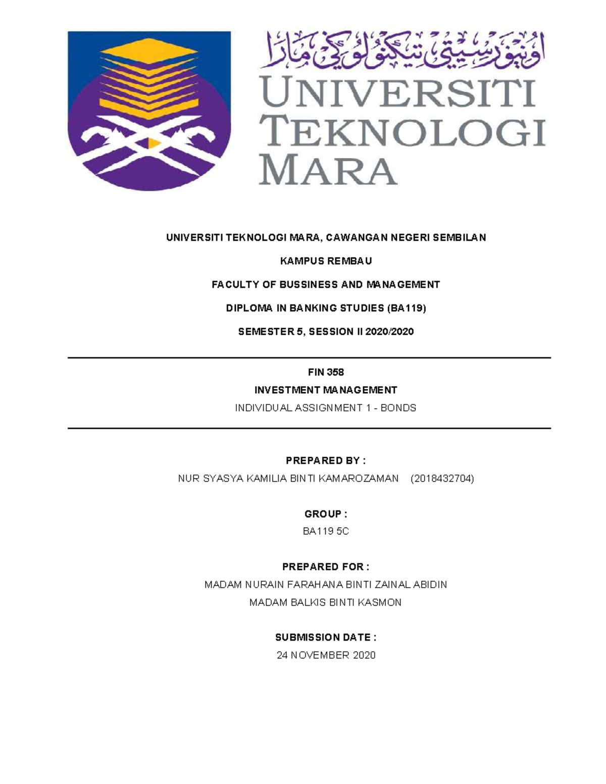 Assignment 1 FIN358 BOND NUR Syasya 5C - Building Science and Servieces ...