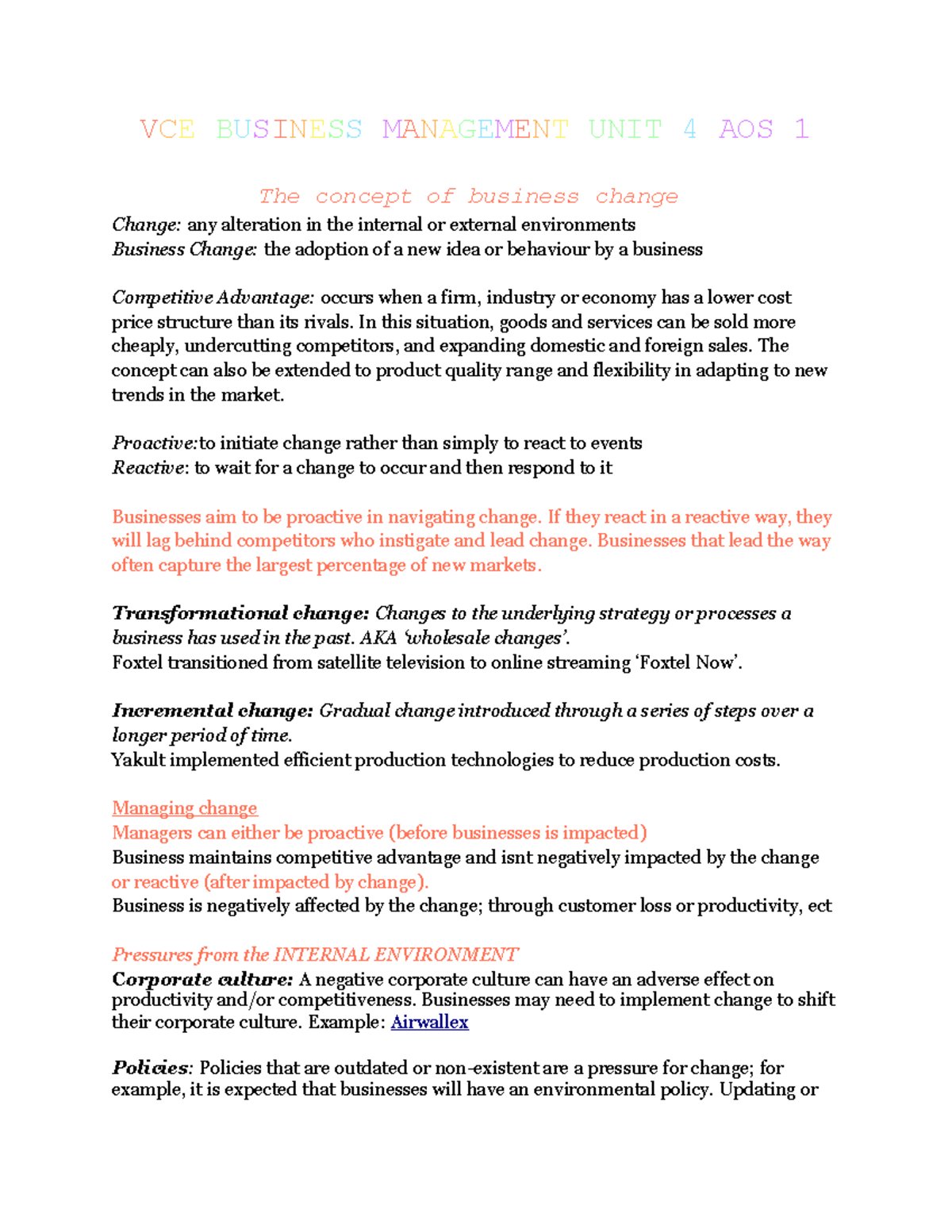 Business UNIT 4 AOS 1 - VCE BUSINESS MANAGEMENT UNIT 4 AOS 1 The ...