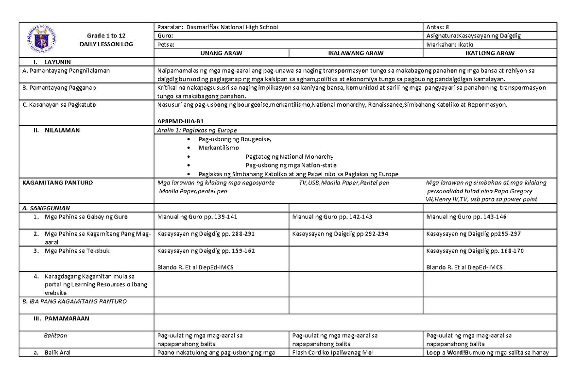 DLL Grade 8 3rd Grading a - Grade 1 to 12 DAILY LESSON LOG Paaralan ...