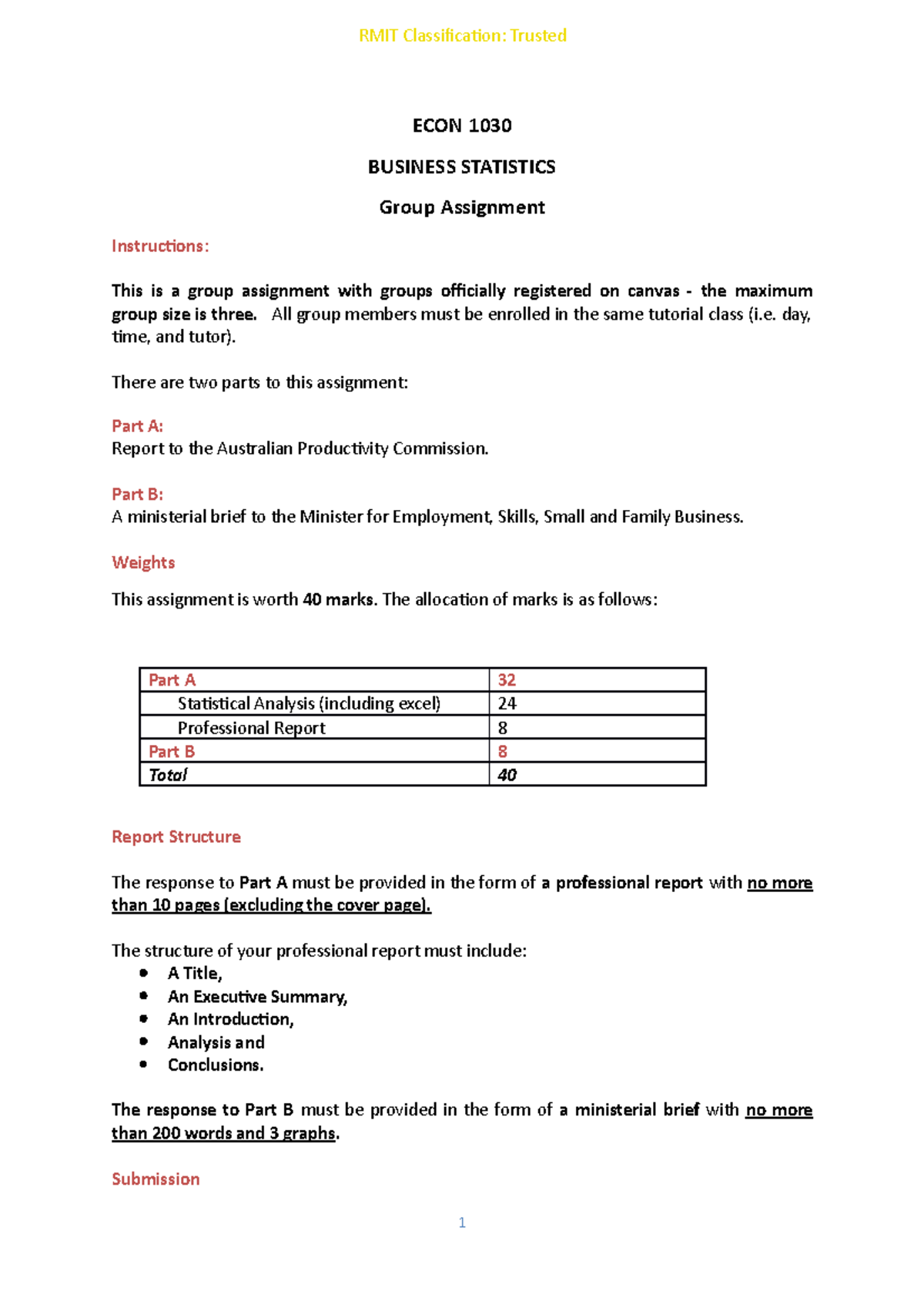 Group Assignment Brief v2 - ECON 1030 BUSINESS STATISTICS Group Assignment Instructions: This is ...