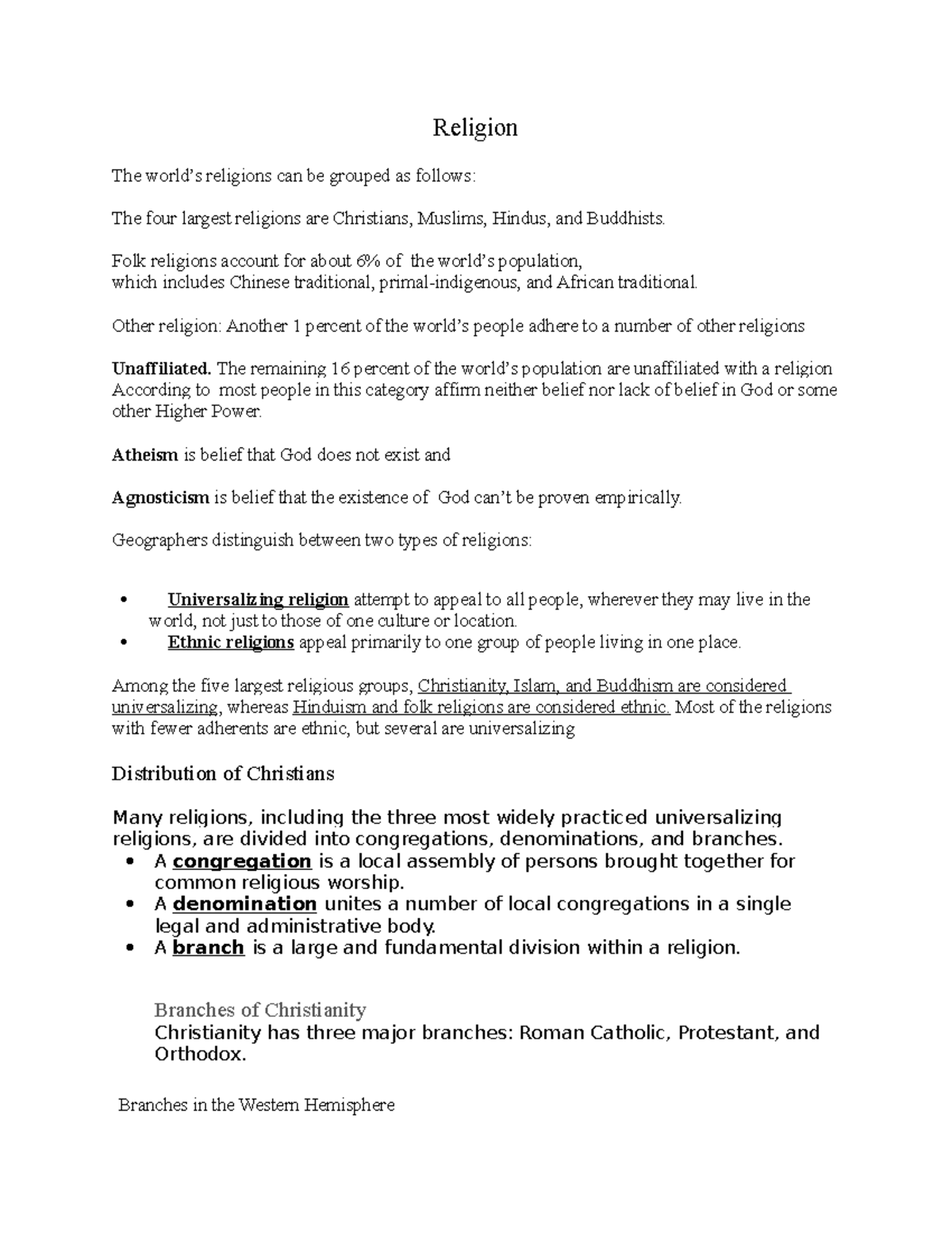 Religion - notes - Religion The world’s religions can be grouped as ...