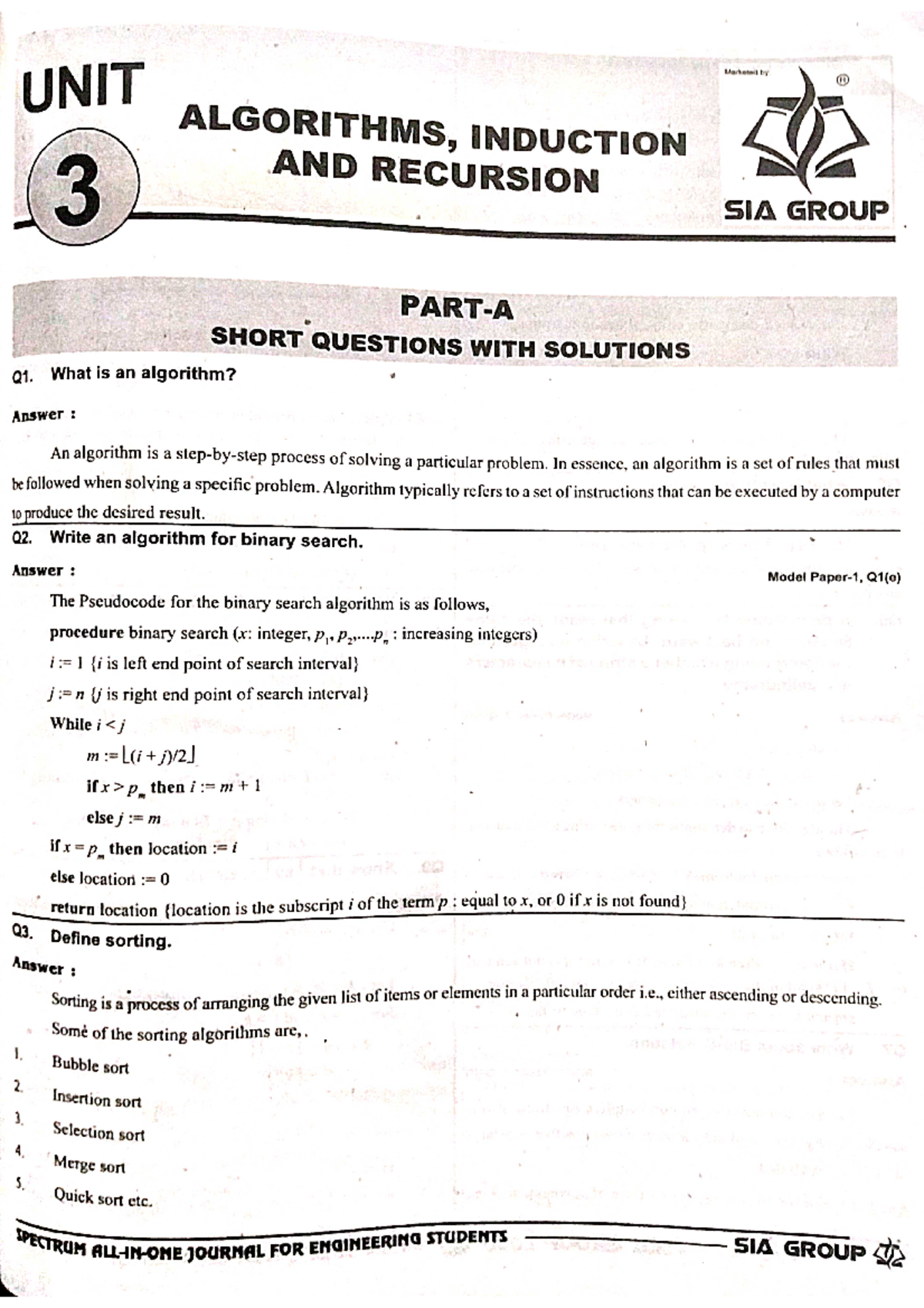 DM unit 3 spectrum - Marteteil ty UNIT ALGORITHMS, INDUCTION 3 AND RECURSION SIAGROUP PART-A ...