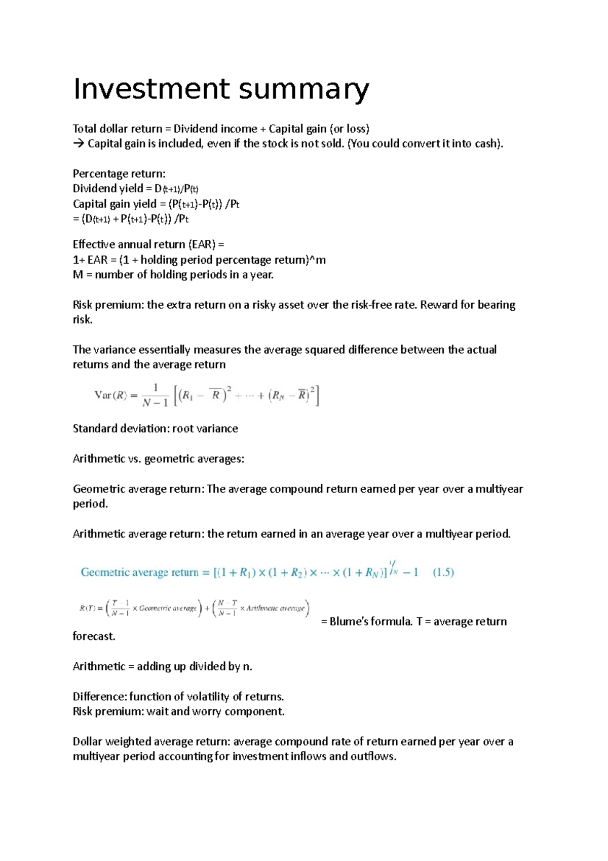 Investment summary - (You could convert it into cash). Percentage ...