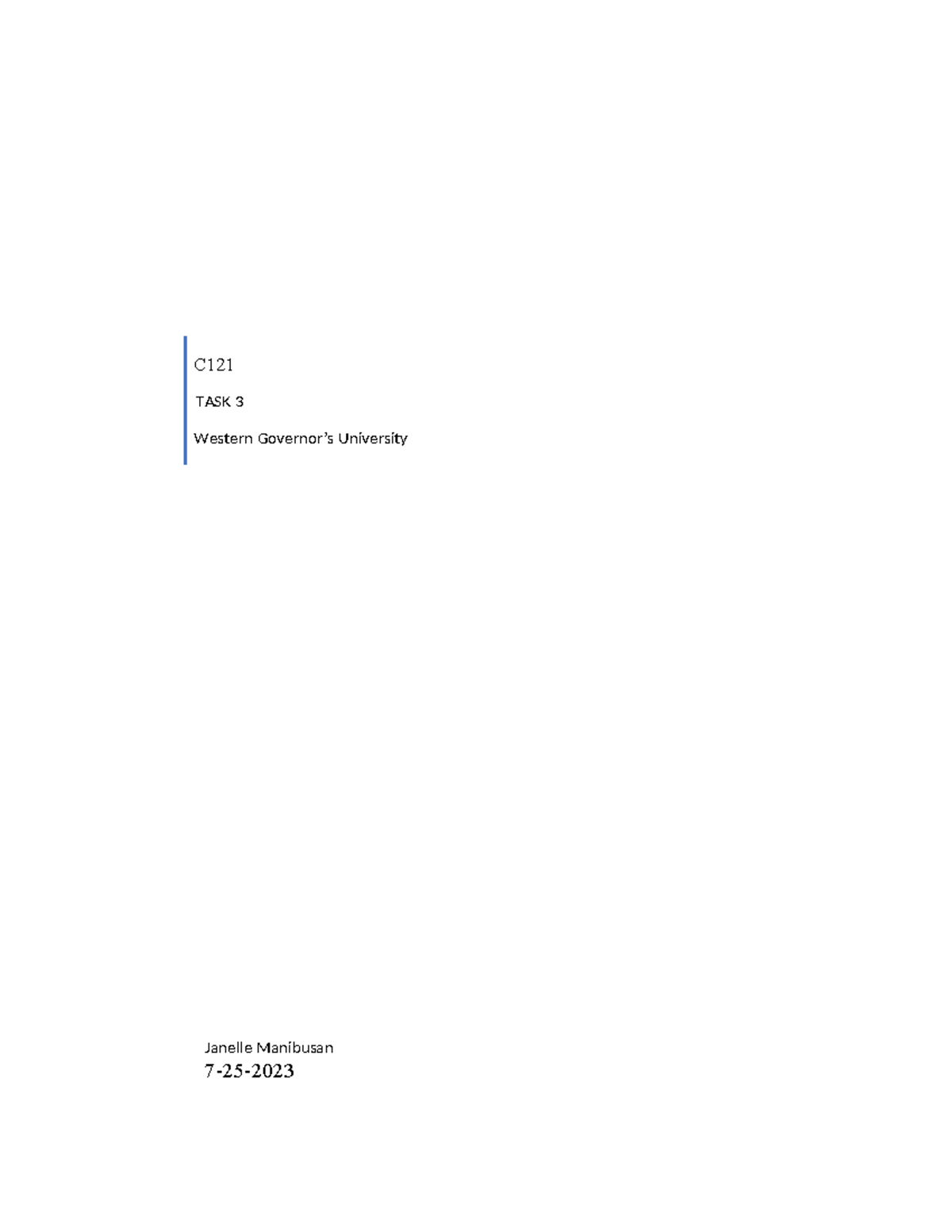 C121 - TASK 3 - PASSED - C TASK 3 Western Governor’s University Janelle ...