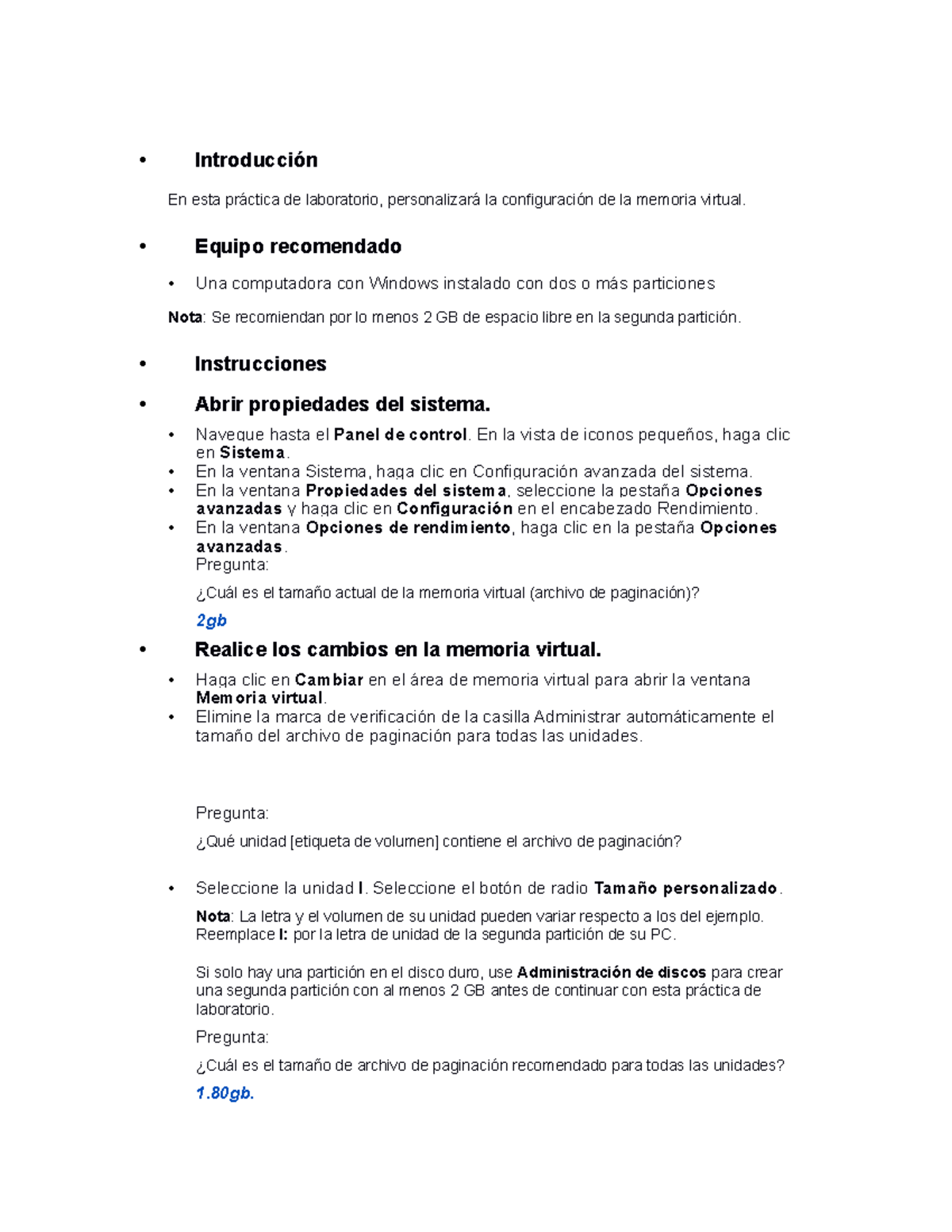 11.2.5.8 Lab - Manage Virtual Memory - • Introducción En esta práctica de laboratorio ...