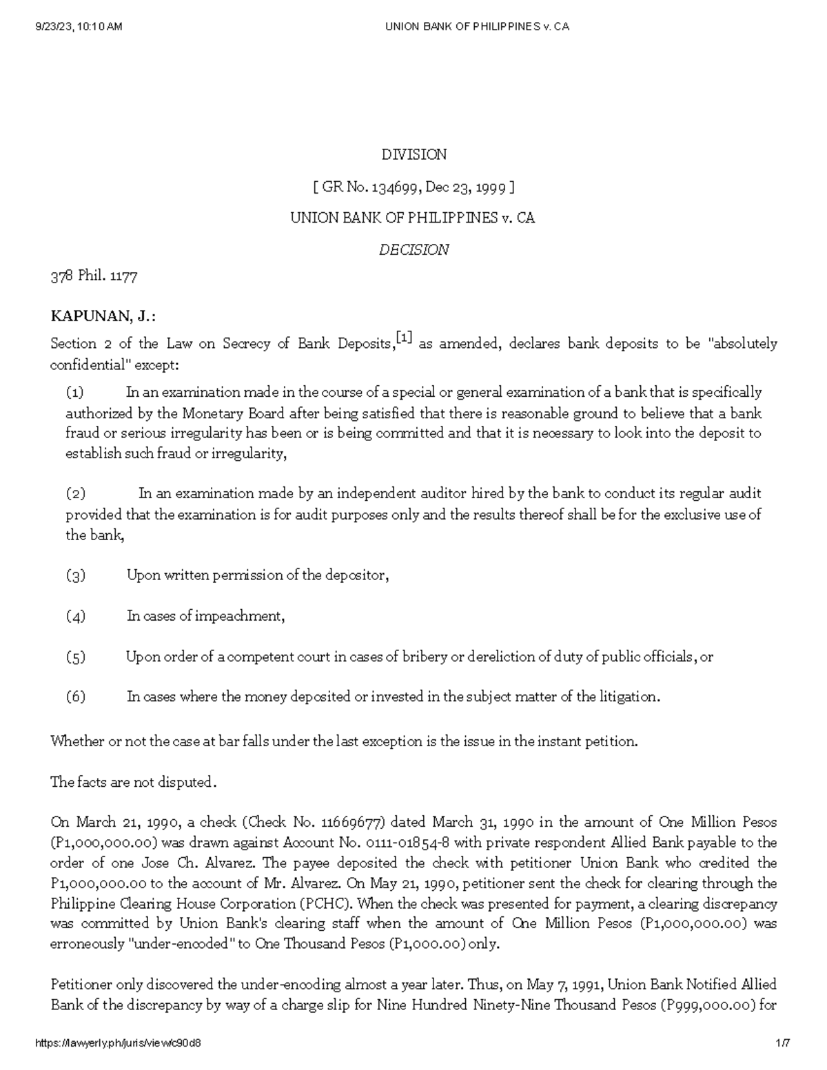 UniBa Versus CA - DIVISION [ GR No. 134699, Dec 23, 1999 ] UNION BANK ...