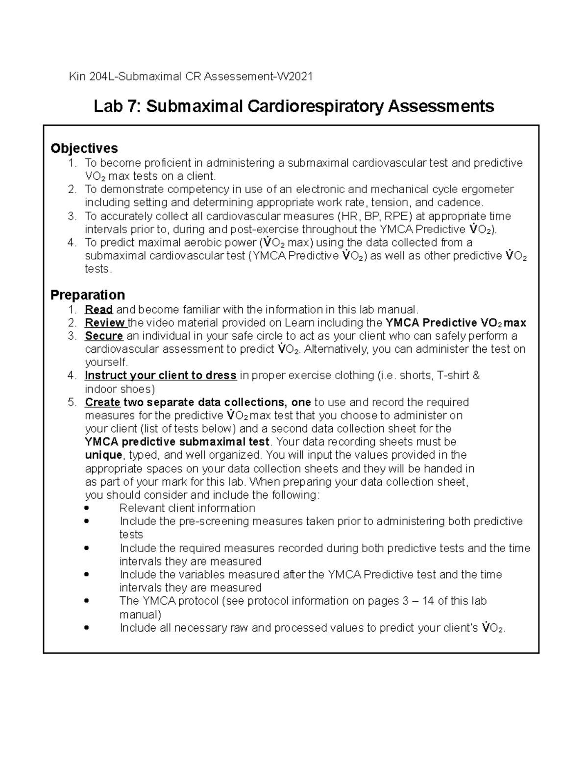 Lab 7 - Submaximal Cardiorespiratory Assessment Lab Manual-W2021 - KIN 204 - UWaterloo - Studocu