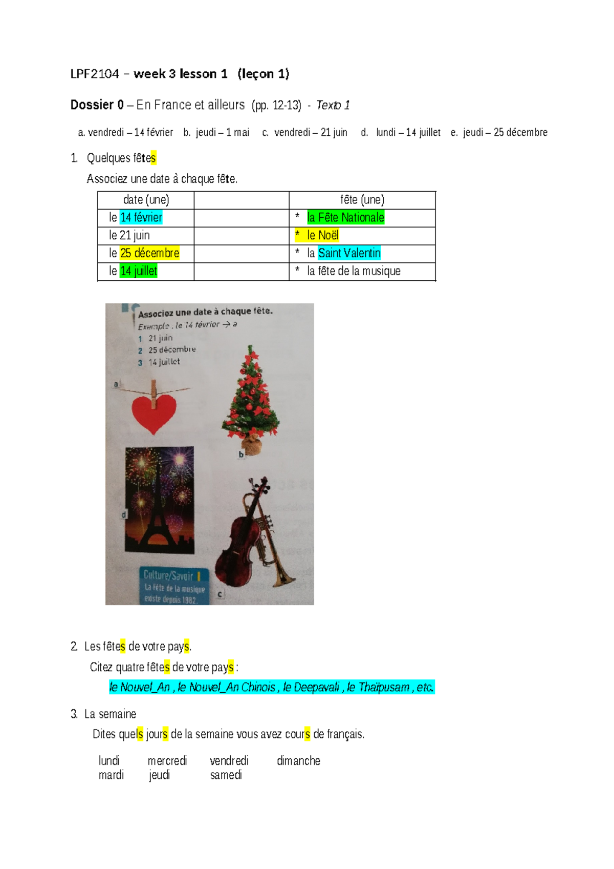Fr1 w3 L1a e - LPF notes - LPF2104 – week 3 lesson 1 (leçon 1) Dossier ...