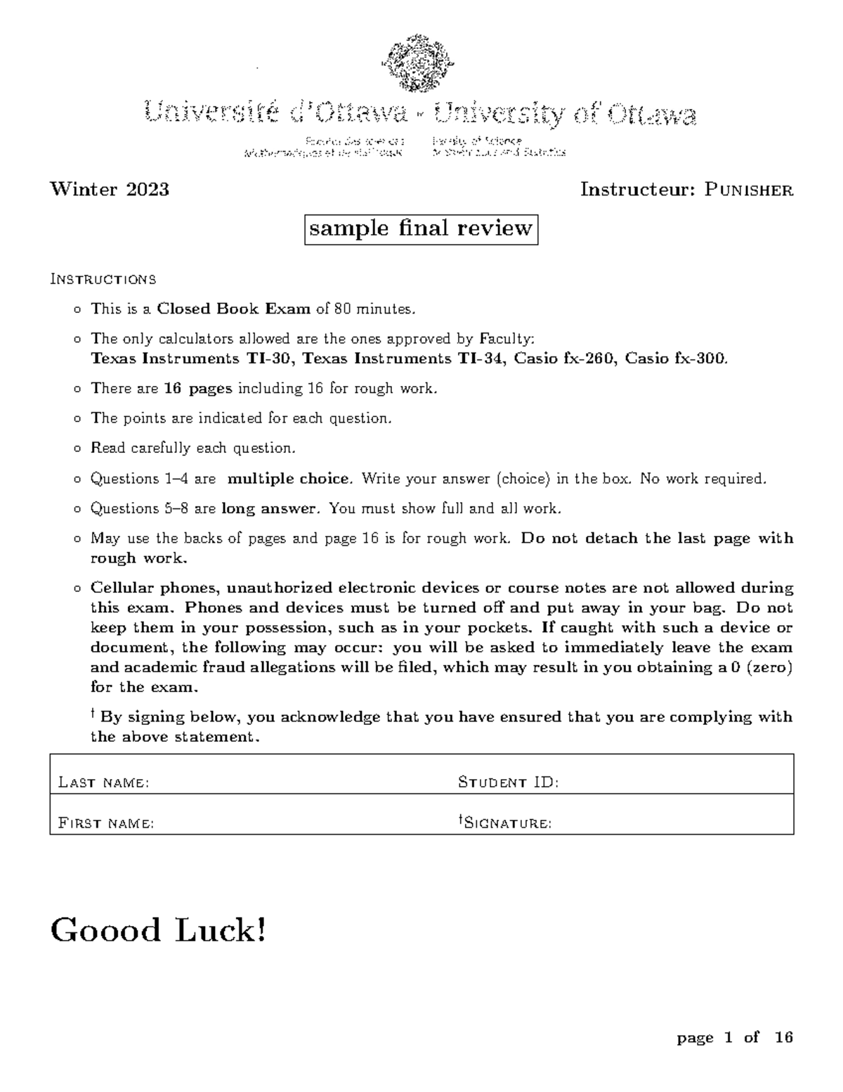 Sample Final 1330 - Catalin Rada - MAT1330 - uOttawa - Studocu