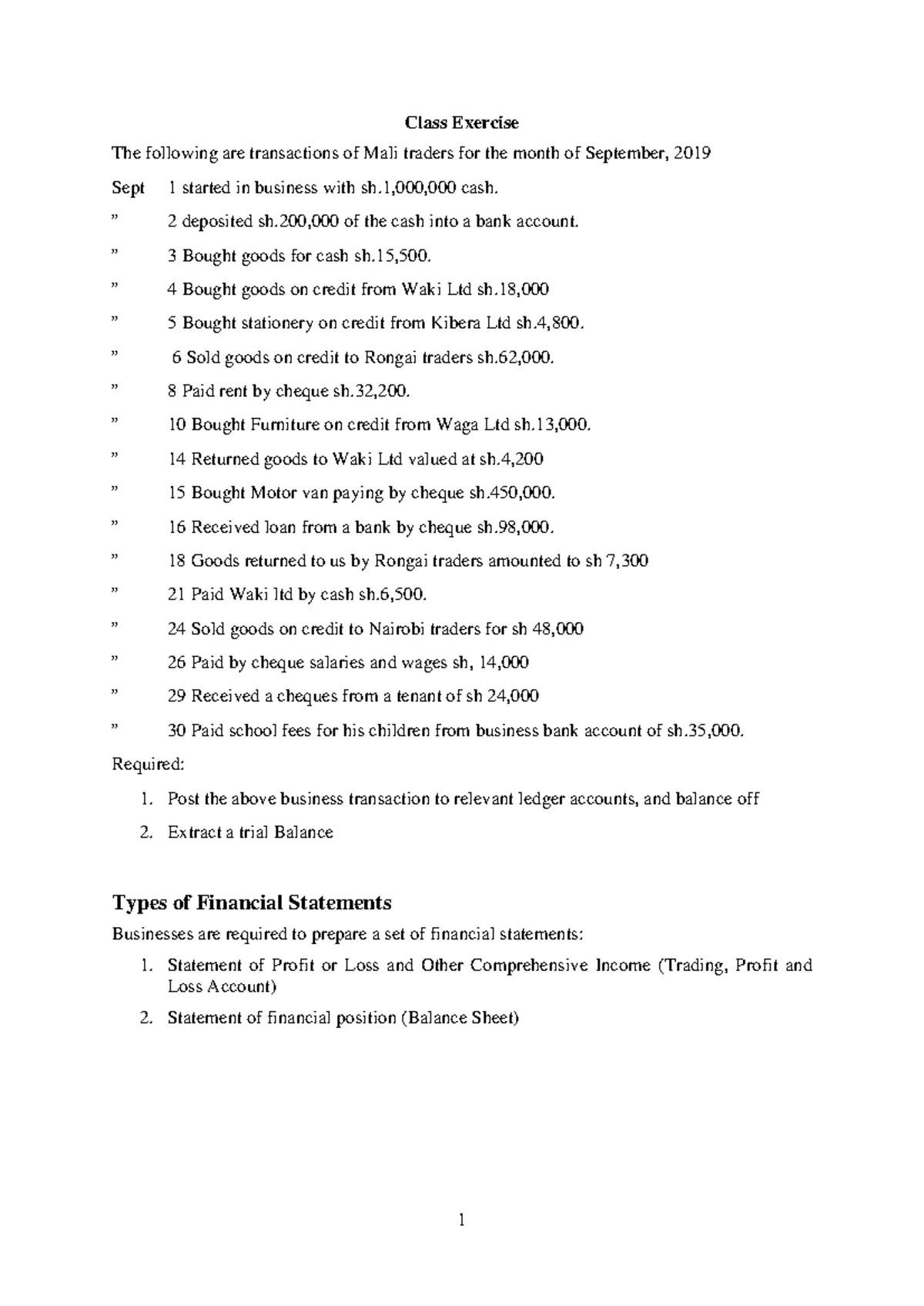 introduction to financial accounting - Class Exercise The following are ...