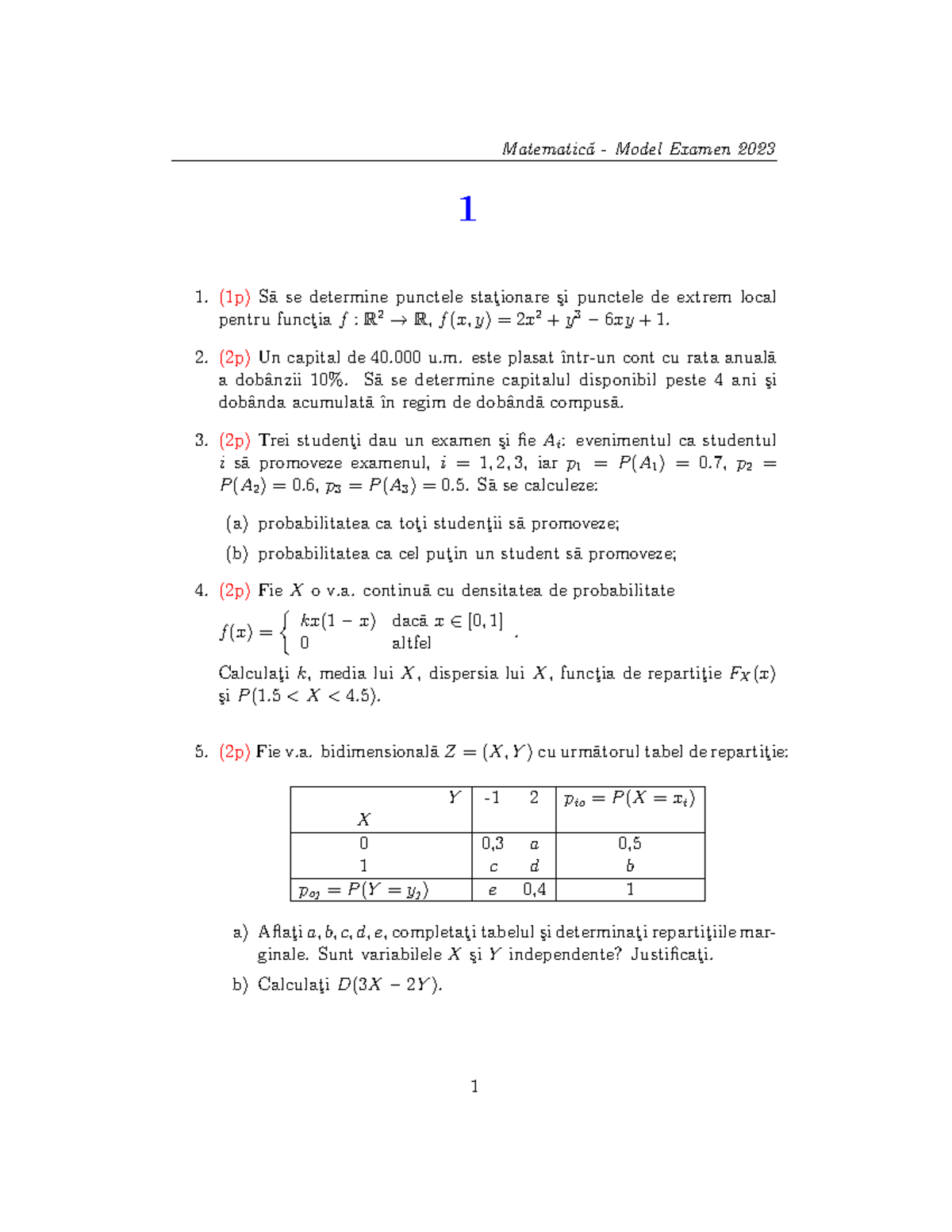 Model Examen ID 2023 - Matematic ̆a - Model Examen 2023 1 (1p) S ̆a se ...