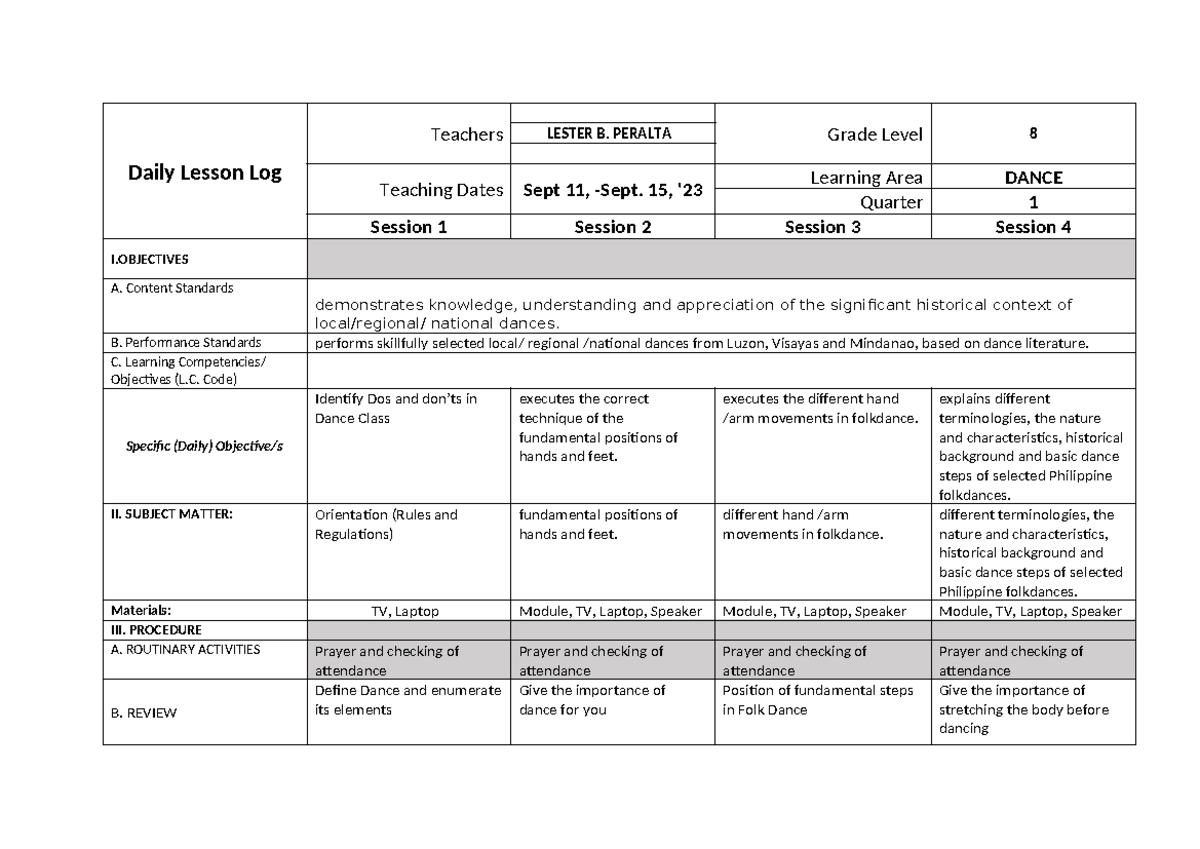 Dance LP Q1 1week - Daily Lesson Log Teachers LESTER B. PERALTA Grade ...