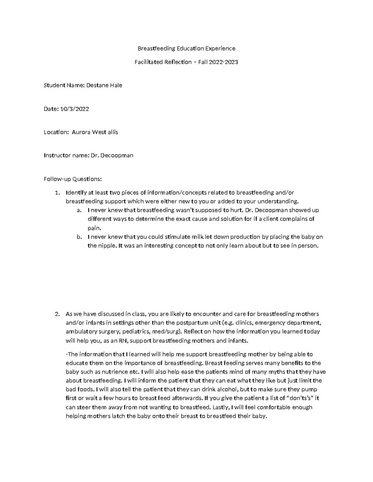 Breastfeeding Education - Facilitated Reflection - Fall 2022-2023 ...