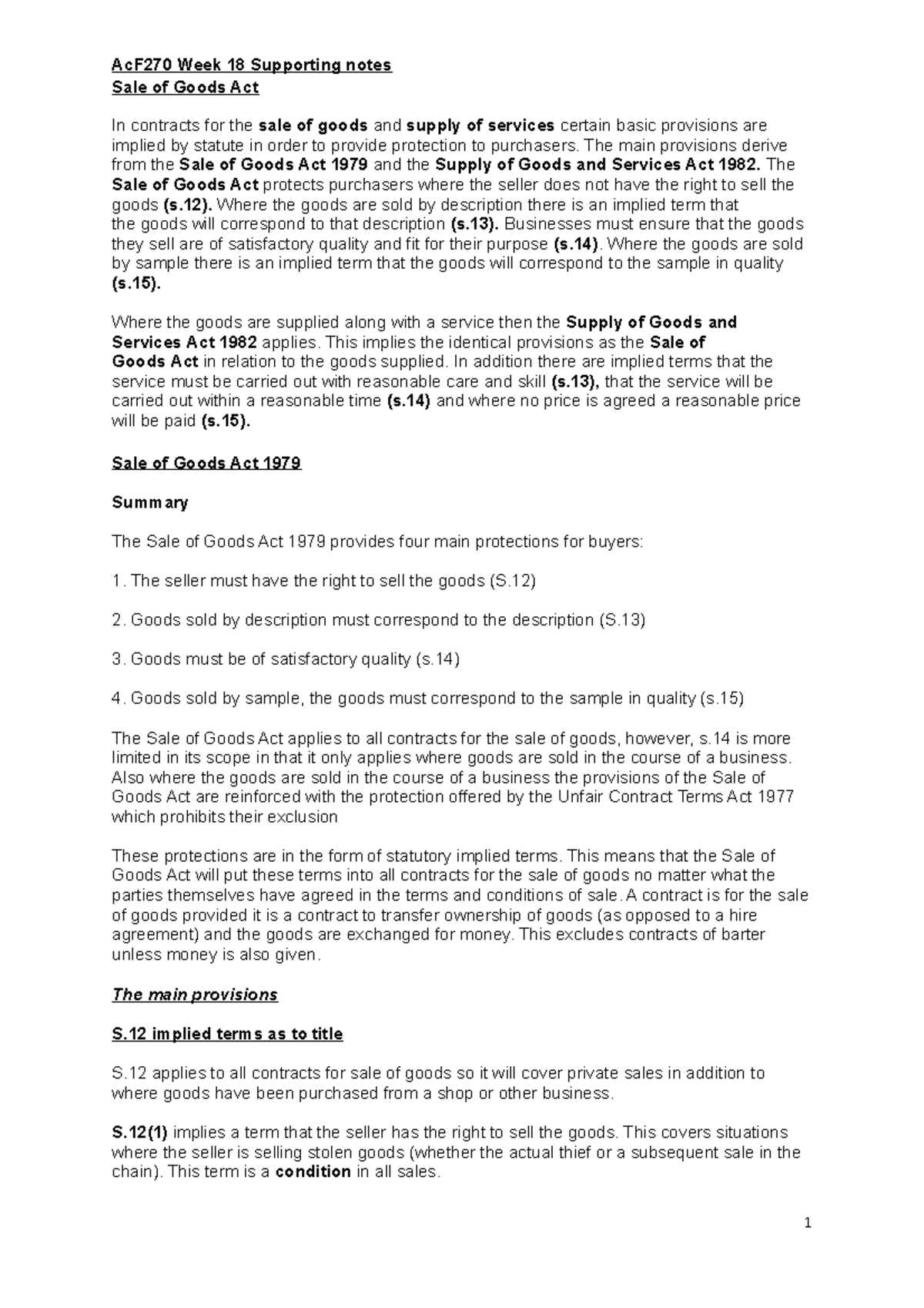 Supporting notes week 18 - AcF270 Week 18 Supporting notes Sale of ...