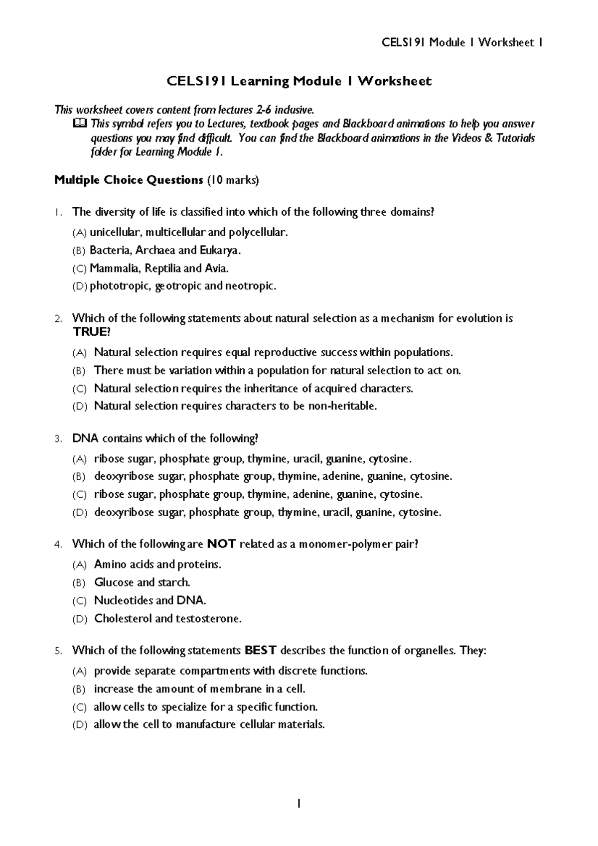 CELS191 Module 1Worksheet 1 Qs2019 - CELS191 Learning Module 1 Worksheet This worksheet covers ...