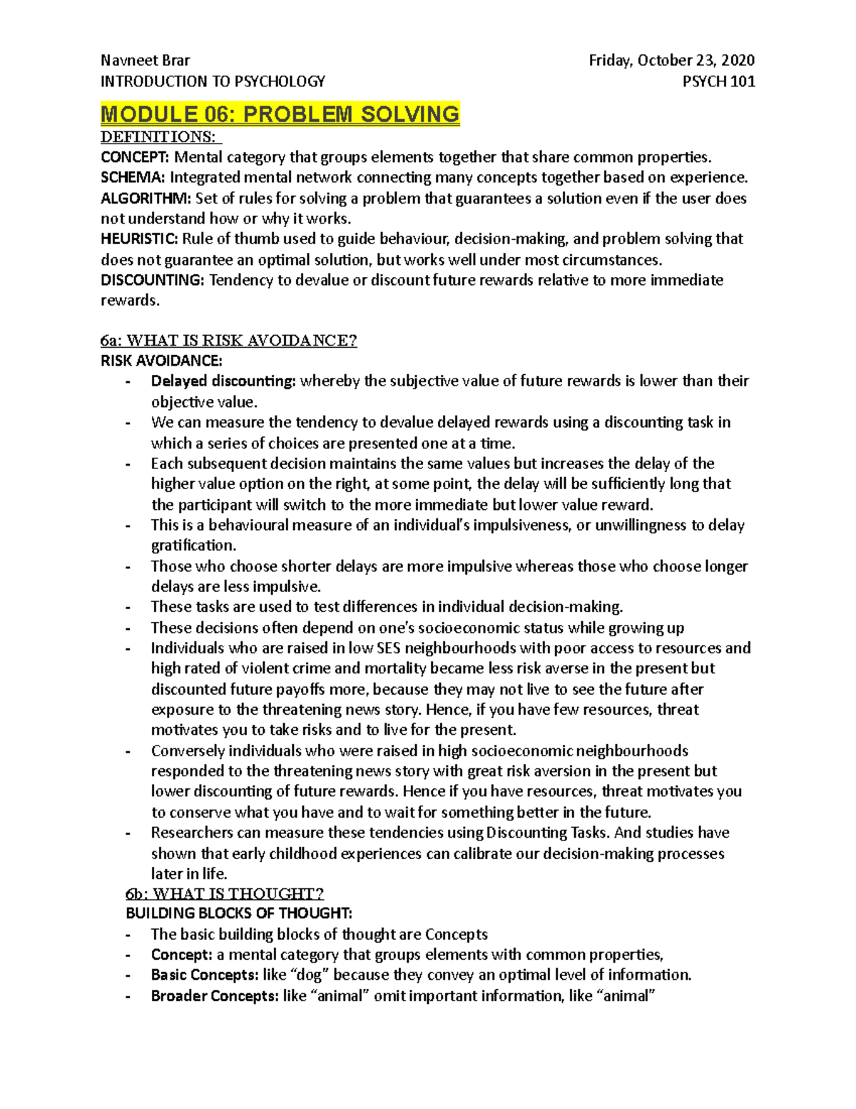 Week 6 module 6 problem solving - INTRODUCTION TO PSYCHOLOGY PSYCH 101 ...