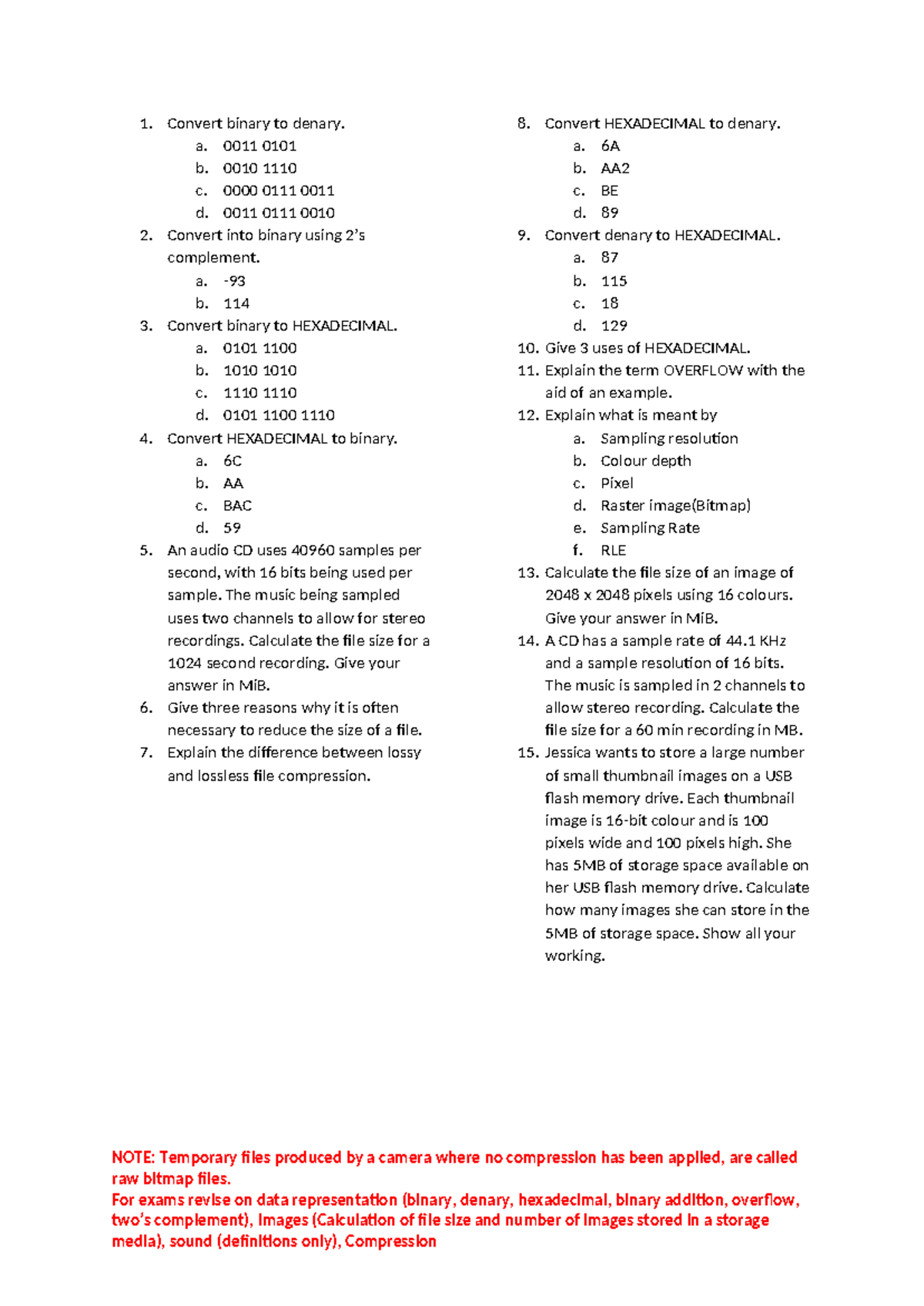 Data Representation Questions Convert Binary To Denary A 0011 0101 B 0010 1110 C 0000 0111