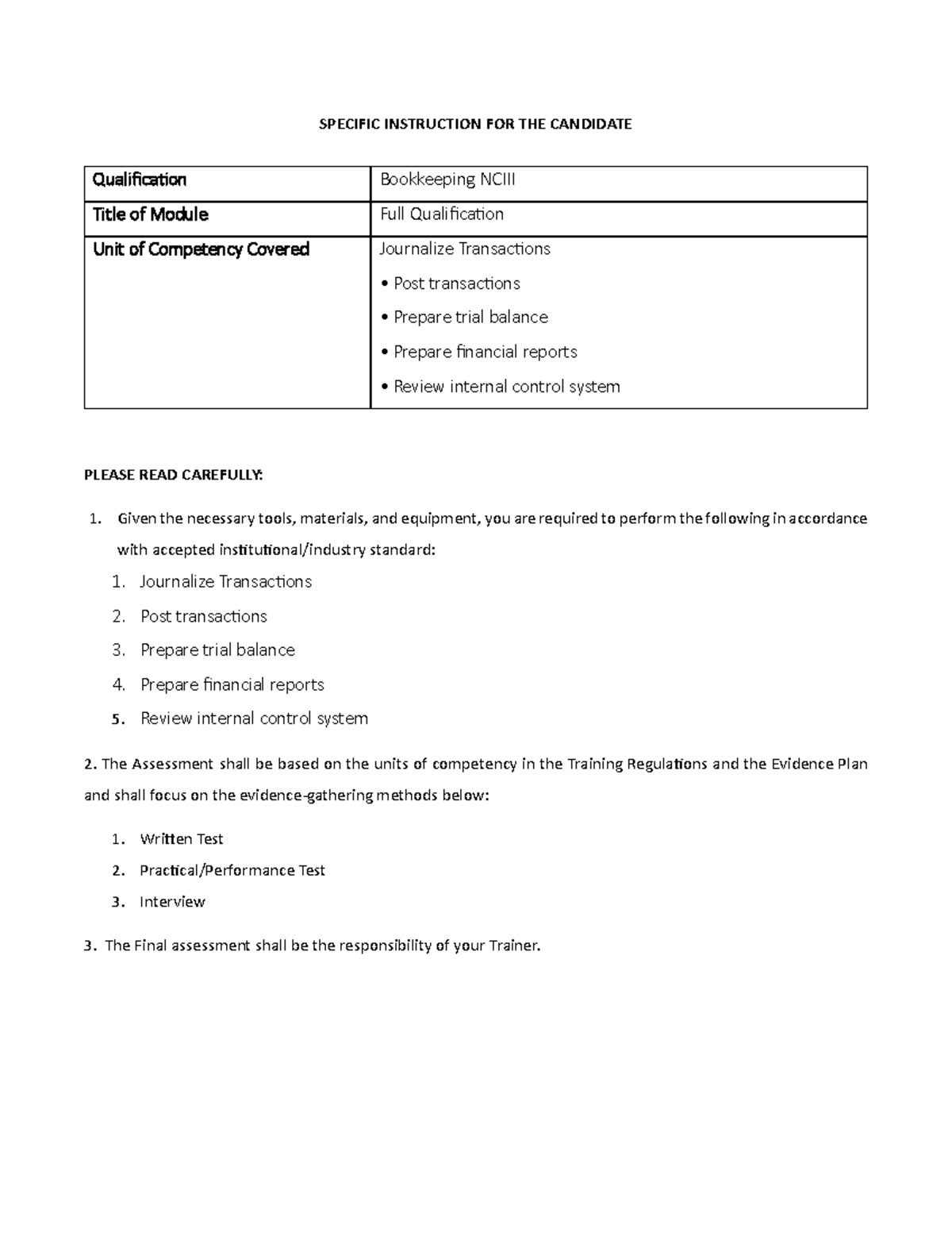 Specific Instruction FOR THE Candidate - SPECIFIC INSTRUCTION FOR THE ...