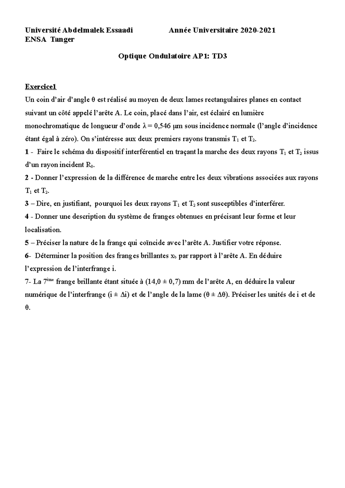 TD3 optique ondulatoire AP1 correction - Université Abdelmalek Essaadi Année Universitaire 2020 ...