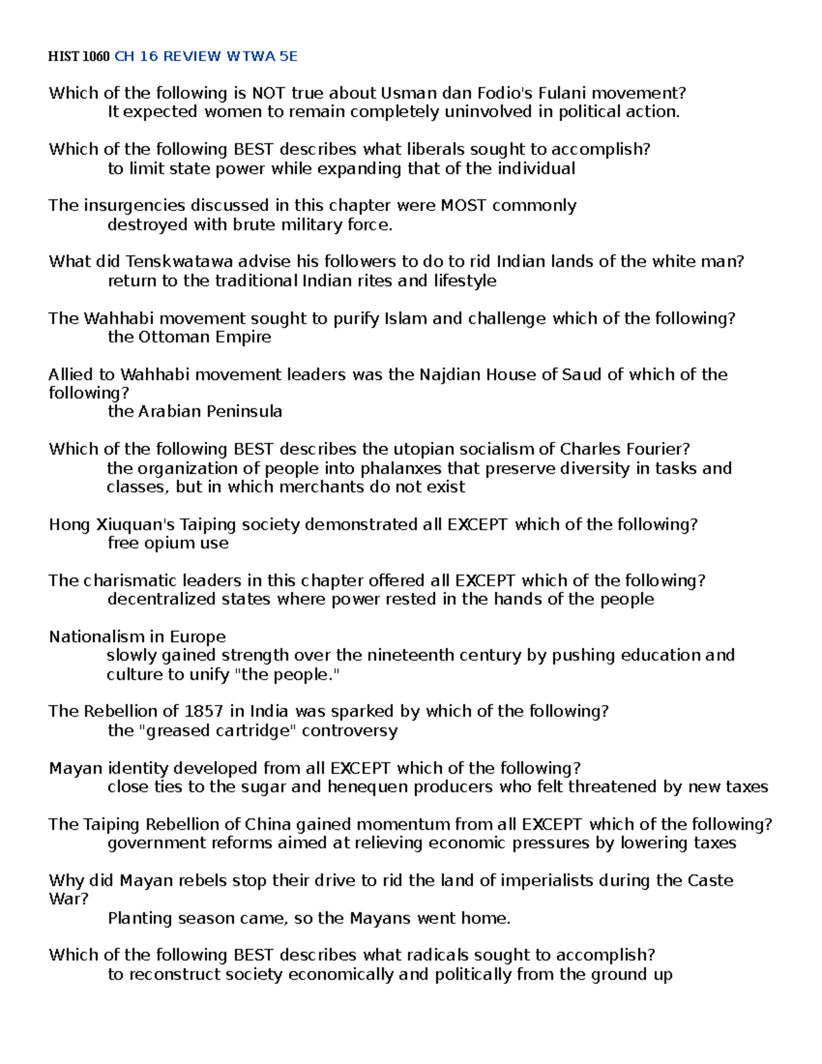 HIST 1060 CH 16 Review WTWA 5E - HIST 1060 CH 16 REVIEW WTWA 5E Which ...