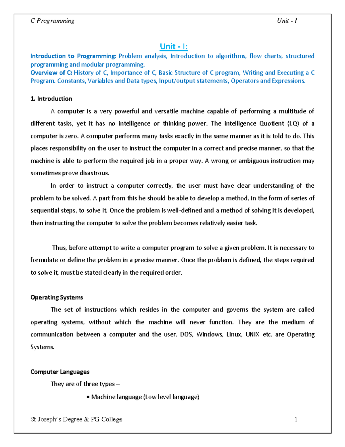 C Programming Notes Unit I Introduction To Programming Problem Analysis Introduction To