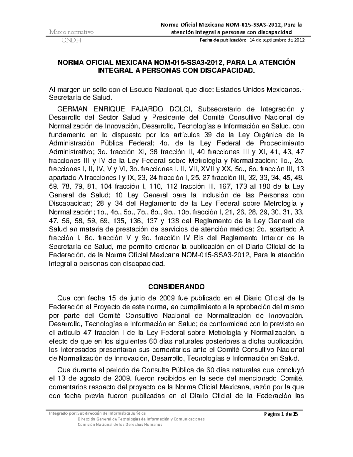 NOM 015 - Norma Oficial Mexicana NOM-015-SSA2-1994, "PARA LA PREVENCION ...