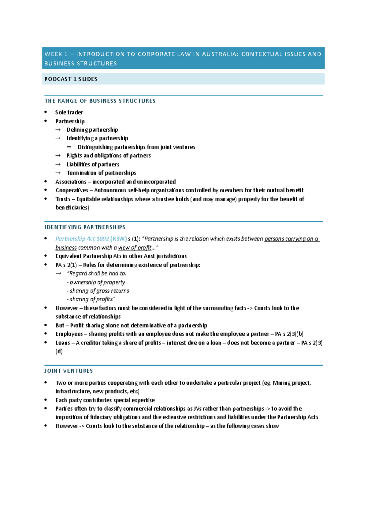 Notes - Corporate Law - WEEK 1 – INTRODUCTION TO CORPORATE LAW IN ...