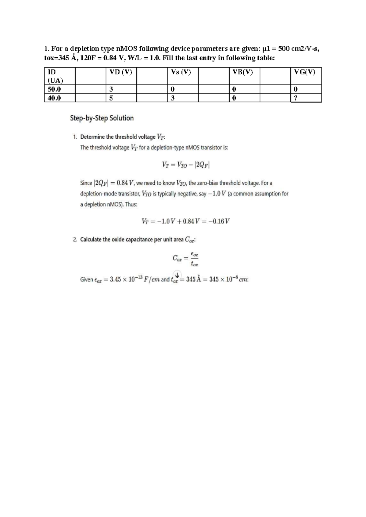 Ques 1 - problem solution - VLSI Design - For a depletion type nMOS following device parameters ...